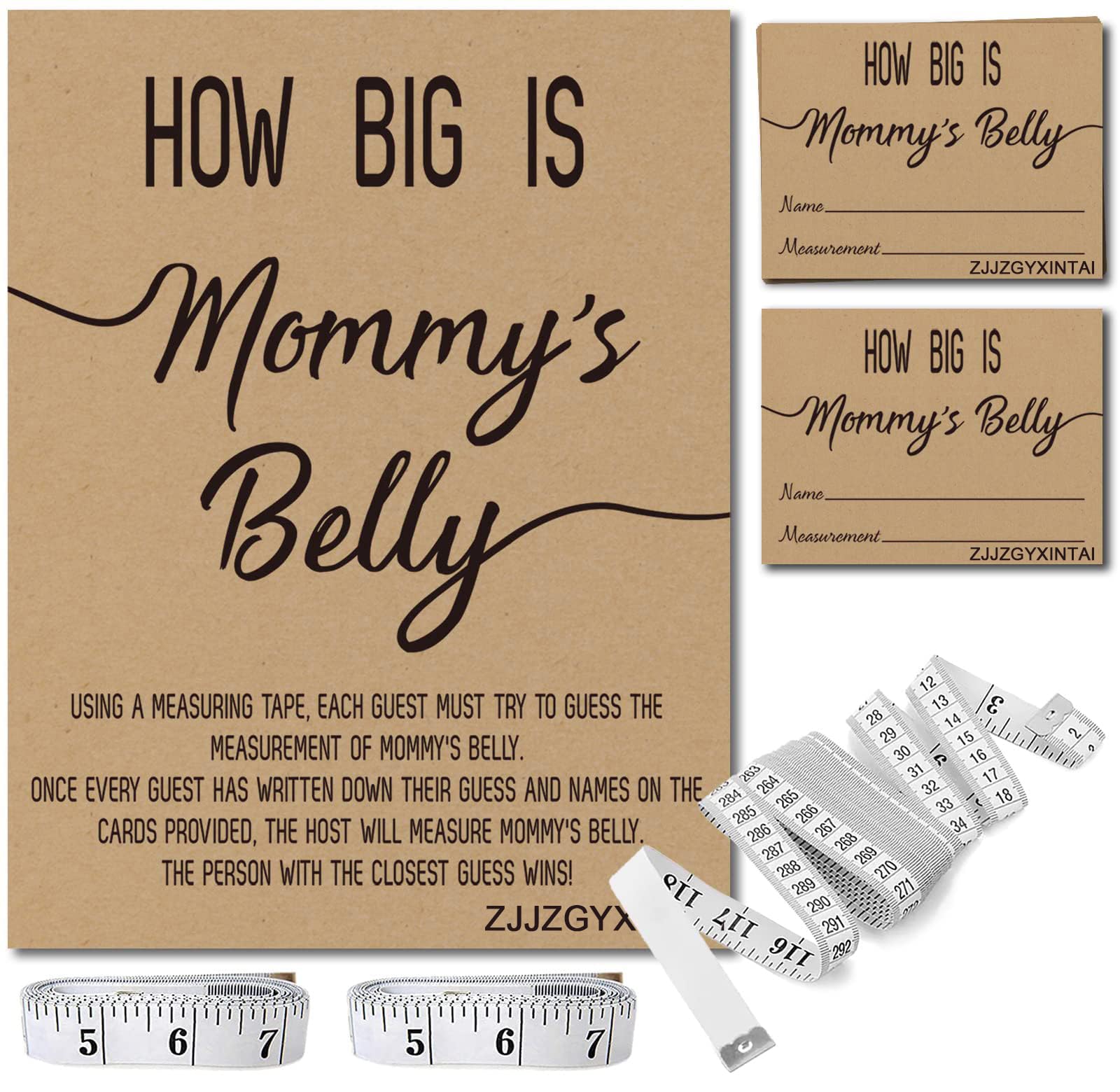 ZJJZGYXINTAI How Big is Mommy's Belly? Rustic Baby Shower Gender Neutral Game Includes 8x10 Inch Kraft Standing Sign and 50 Guessing Cards, 3 Rolls 120 Feet Measuring Tape