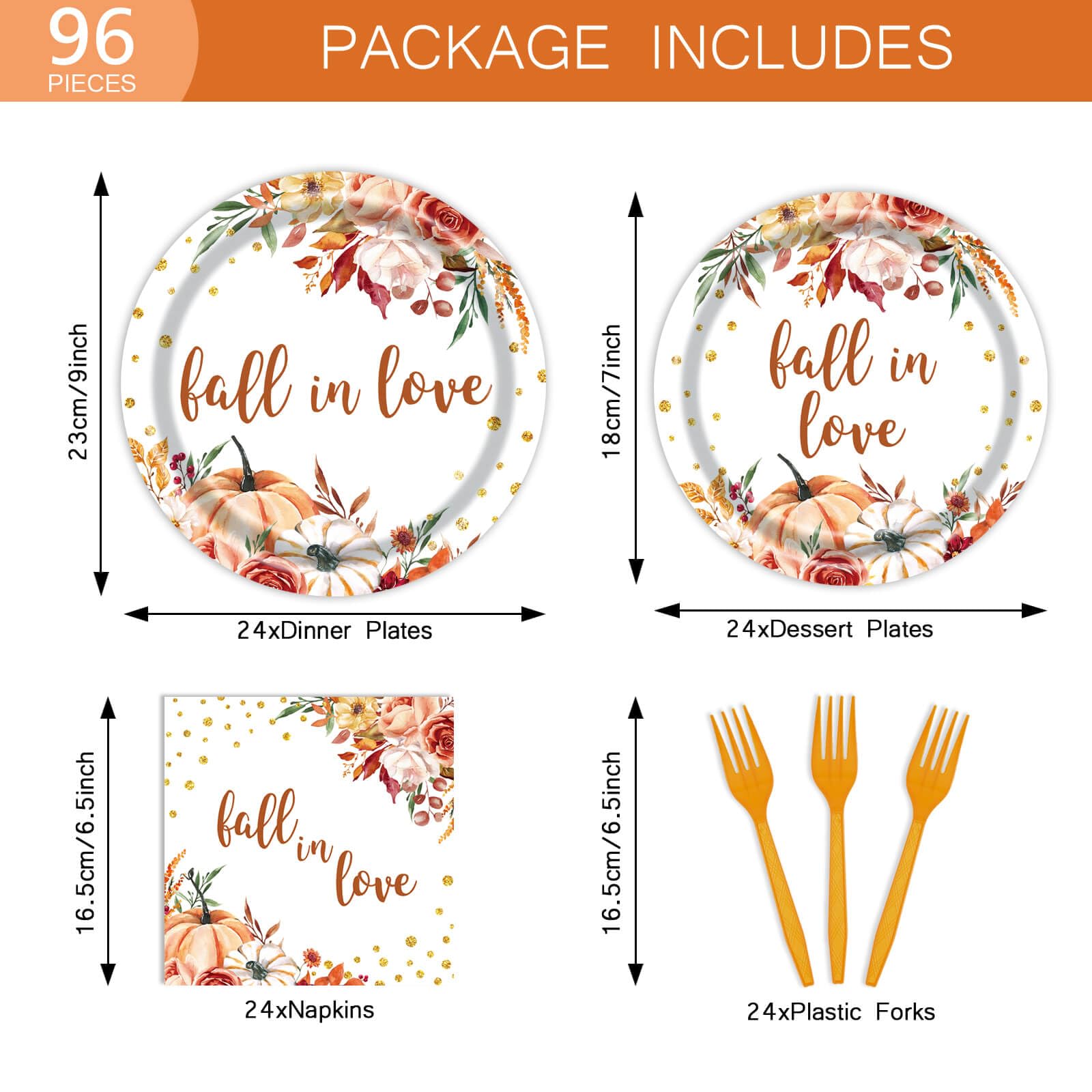 96Pcs Fall Bridal Shower Decorations Tableware Set, fall bridal shower Fall In Love Party Decorations Include Plates Napkins Forks Autumn Floral Bridal Shower Party Supplies Decorations