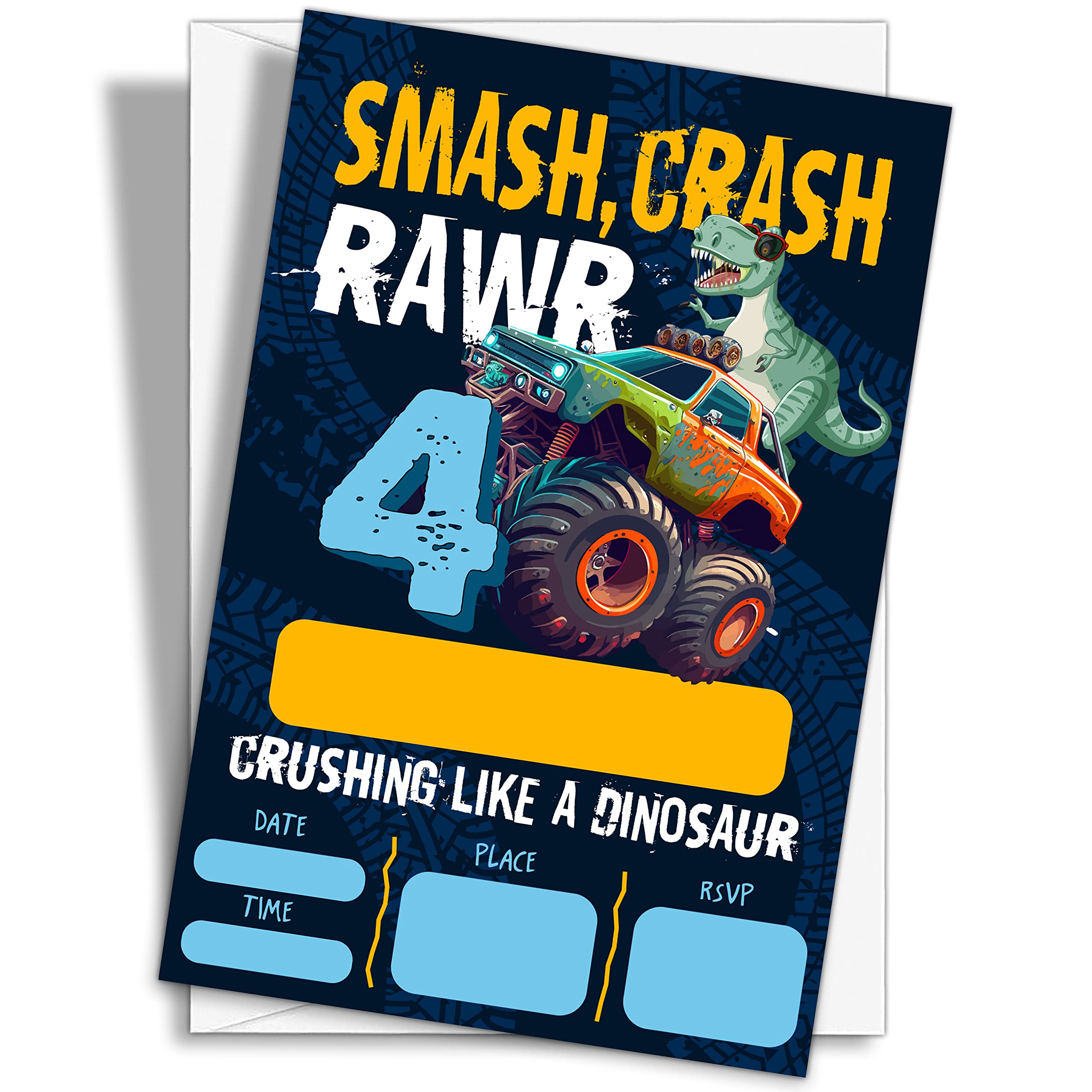 YQV Dinosaur Truck 4th Birthday Party Invitations, 20-Count Dinosaur Birthday Party Invites With Envelopes-HBYQK-B29
