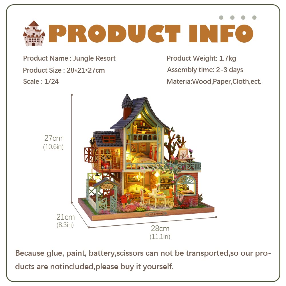 CUTEBEE Dollhouse Miniature with Furniture, DIY Wooden Dollhouse Kit Plus Dust Proof, Creative Room Idea (Jungle Resort)