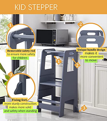 Kid's Wooden Kitchen Step Stool, Adjustable Platform Standing Tower, with Safety Guardrail Child Studying Tower, Toddler Stool for Bathroom, Cooking Helper(Grey)