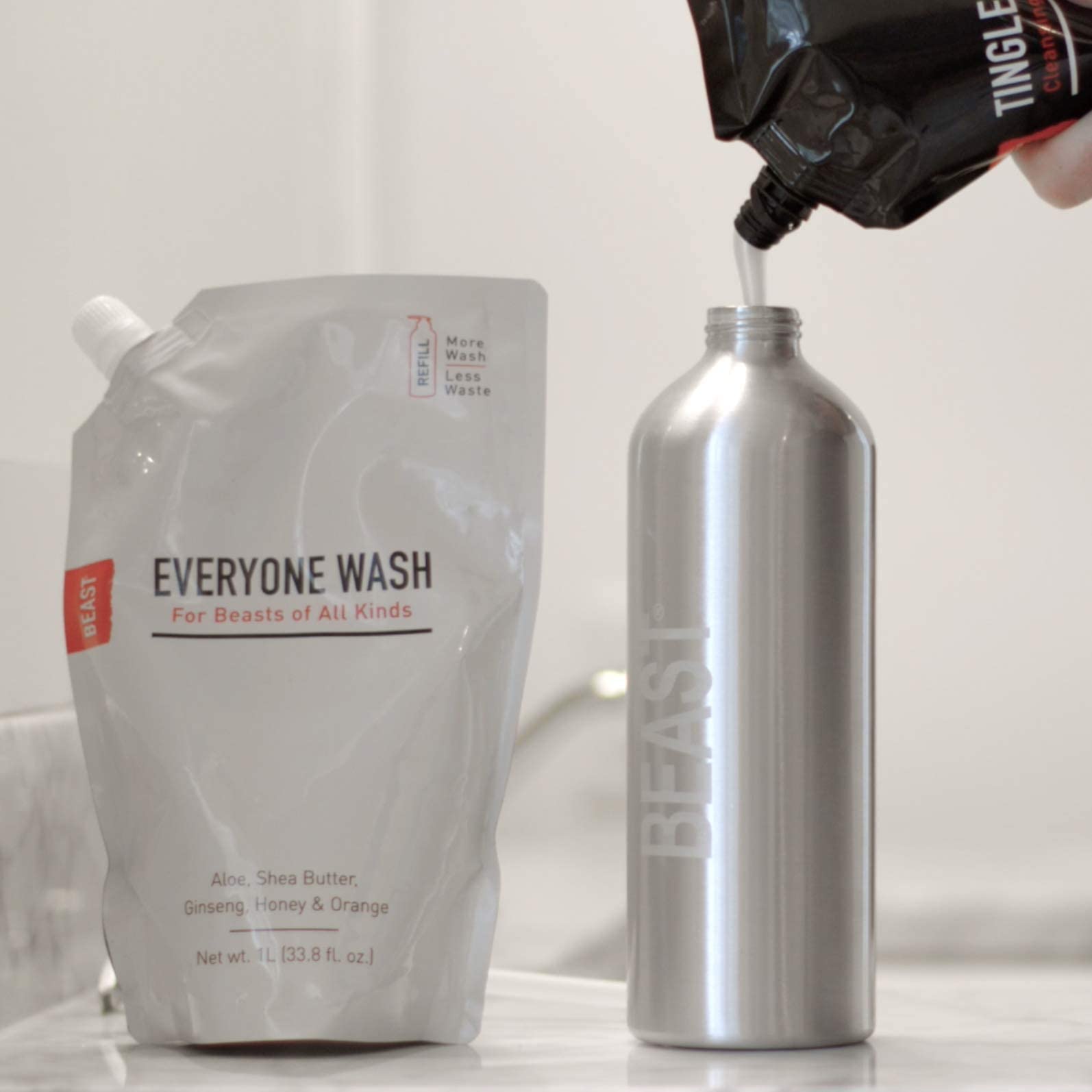 Beast Tingle Shampoo 1L (33.8 fl oz) Pouch + Reusable Durable Aluminum Bottle Shower & Travel Set (1L & 2oz travel size)