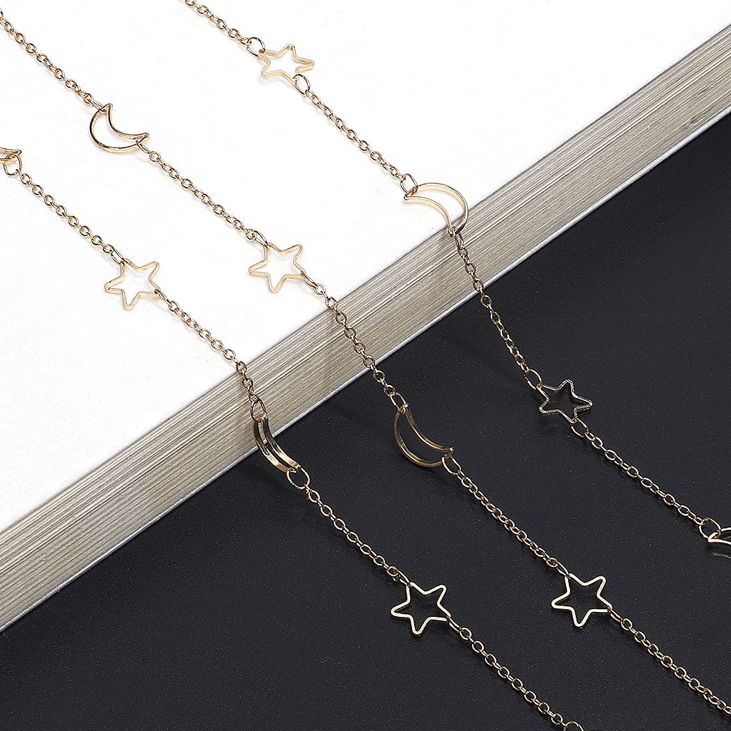Aabellay 2PCS Eyeglass Chain Sunglass Strap Holder Reading Glass Cords Lanyard Necklace Eyewear Retainer Metal Long Necklace Accessories with Rubber Ends –Style Star and Moon
