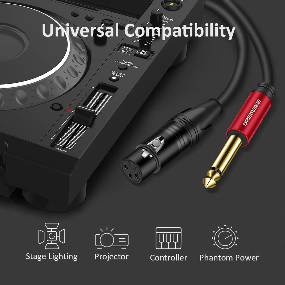 DREMAKE Unbalanced XLR 3-Pin Female to Jack 6.5mm 1/4 TS Male Mic Patch Cord, 25FT XLR to Jack 6.35mm Mono Audio Instrument Cable for Karaoke, Speaker System, Dynamic Microphone - Black