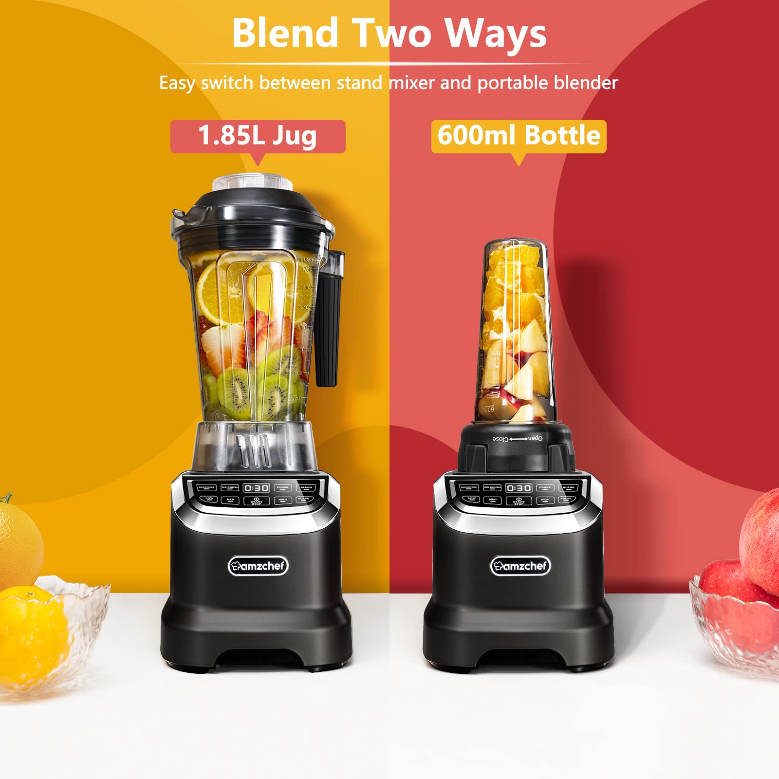 Amzchef 5-IN-1 Professional Blender for Kitchen, 1800 Peak Watts, 5 Functions for Shakes and Smoothies, Puree, Crush Ice & Hearty Soups with 8 Speeds & Pulse, 63 oz. Pitcher, Grey