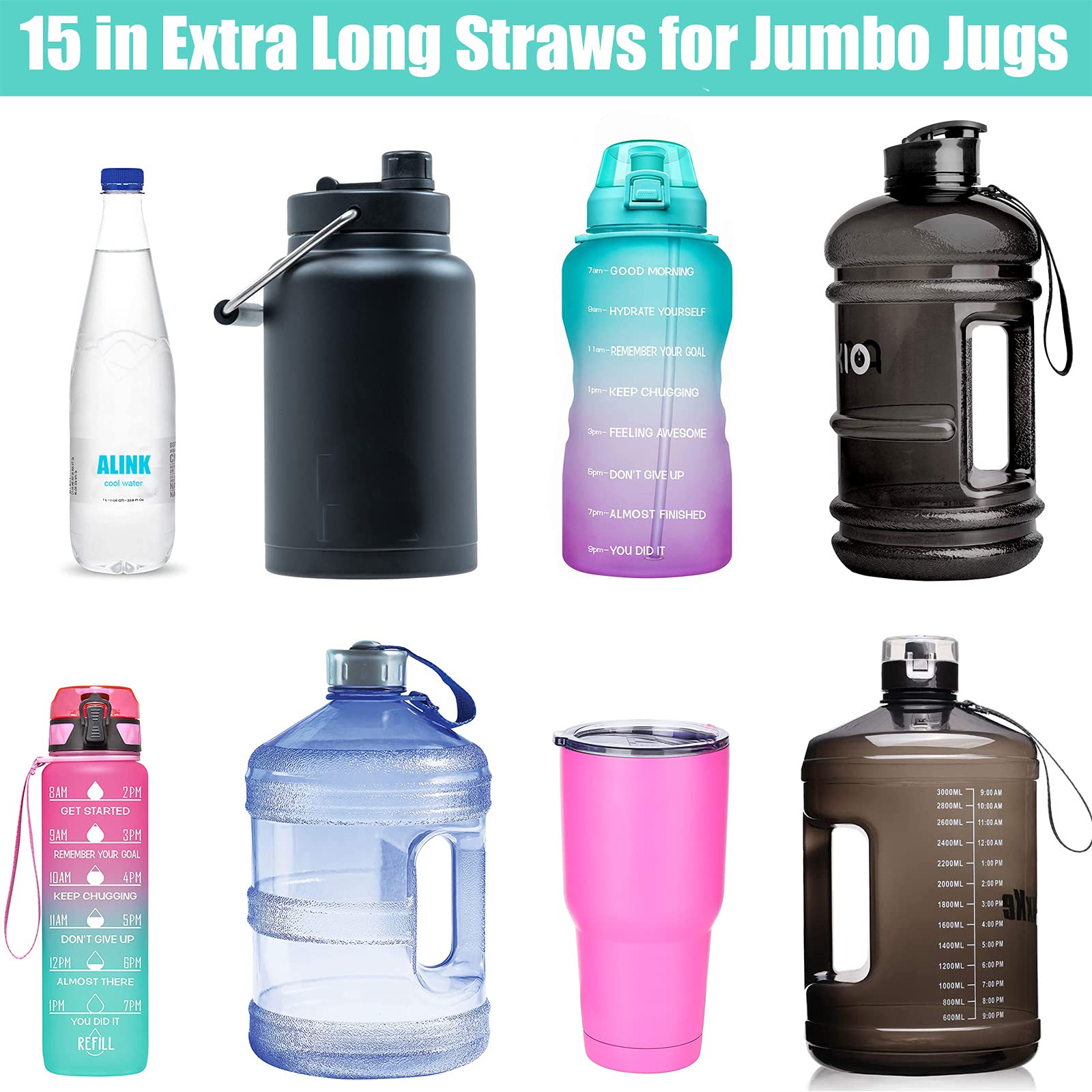 ALINK 15 inch Extra Long Silicone Straws + 2 Silicone Boba Straws 8 Smoothie Straws