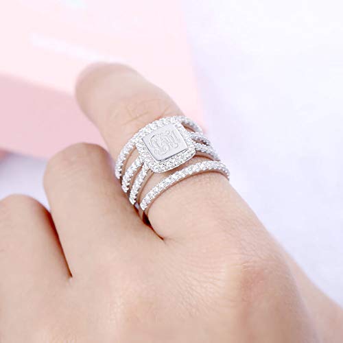 AILIN Custom Classic Square Monogram Ring 925 Sterling Silver CZ Personalized Engraving initials Rings Graduation Christmas Wedding Set Anniversary Mother’s Day Jewelry Gifts For Women Wife Daughter