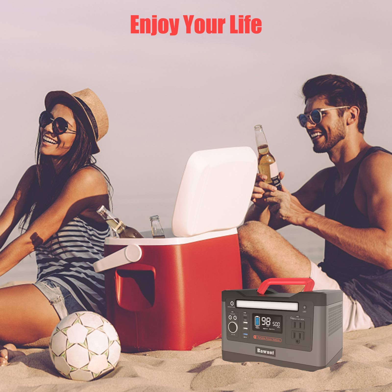 Bawaut Portable Power Station,540Wh Backup Lithium Battery, 110V/500W AC Outlet Outdoor Generators,12V DC & USB, USB-C Outputs, Solar Rechargeable Backup Power for Travel Camping Emergency