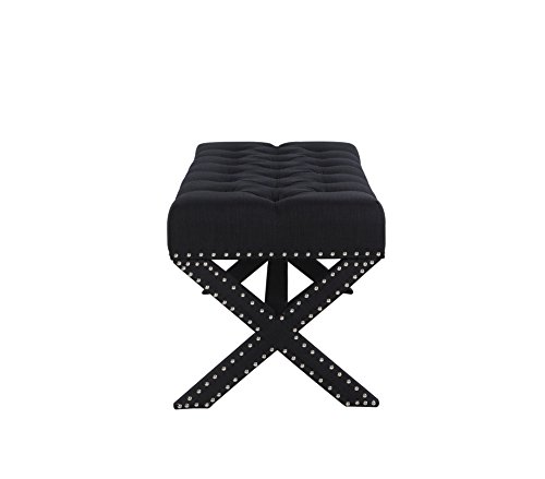 Iconic Home Dalit Updated Neo Traditional Polished Nailhead Tufted Linen X Bench, Black