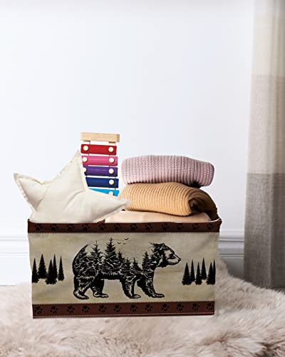 Bear Pine Trees Silhouettes Storage Basket for Shelves, Retro Paper Storage Cube Fabric Storage Bins, Closet Organizers with Handles for Book, Toys, Cloth, 15x11x9.5 Inch