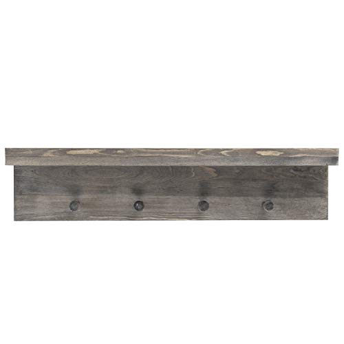 MyGift Wall-Mounted Gray Wood 24-Inch Hanging Shelf with 4 Peg Hooks