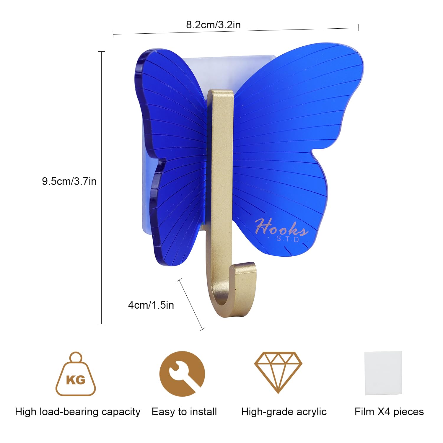 S.T.D Adhesive Hooks,Waterproof Rustproof 4 Colors Acrylic (Frosted) for Hanging Clothes, Towel, Hat, Bags, Key, Coat, Miscellaneous, Hook - Creative Butterfly May at Any Time Change Places(4Pack)