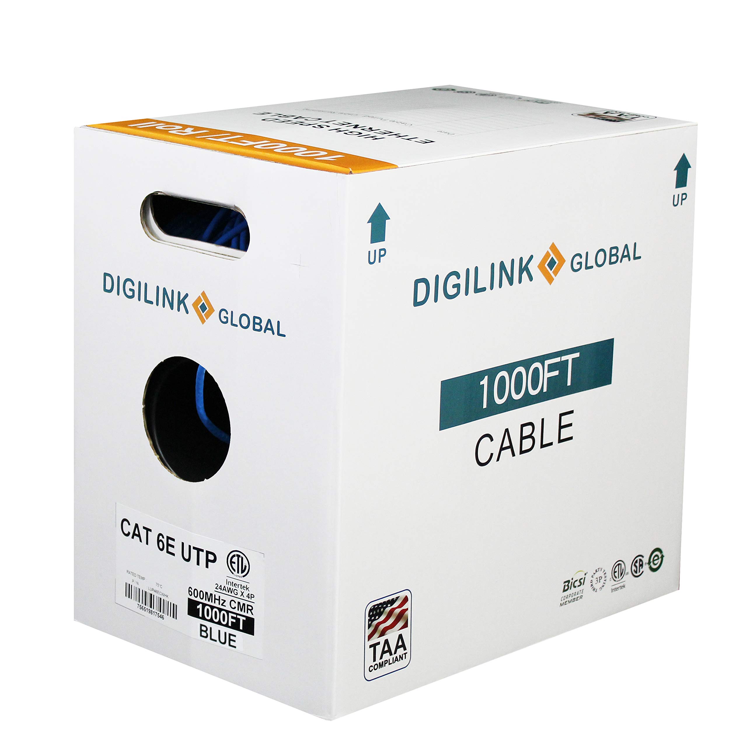 DG Cat6 Riser (CMR), 1000ft, Unshielded, 24AWG, with Spline (+), Solid Bare Copper, 600MHz, ETL Listed, Indoor/Home/Commercial Use, Bulk Ethernet Cable, Blue