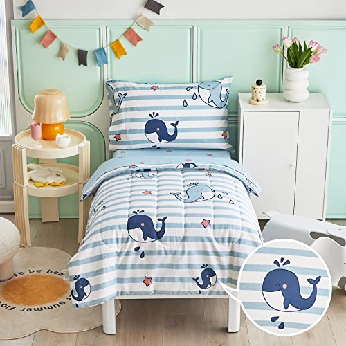 FlySheep 4 Pcs Cotton Toddler Bedding Set, Blue Striped and Whale Printed Ocean Style Soft Comforter Set for Kids Boys n Girls - Includes Quilted Comforter, Flat Sheet, Fitted Sheet & Pillow Case