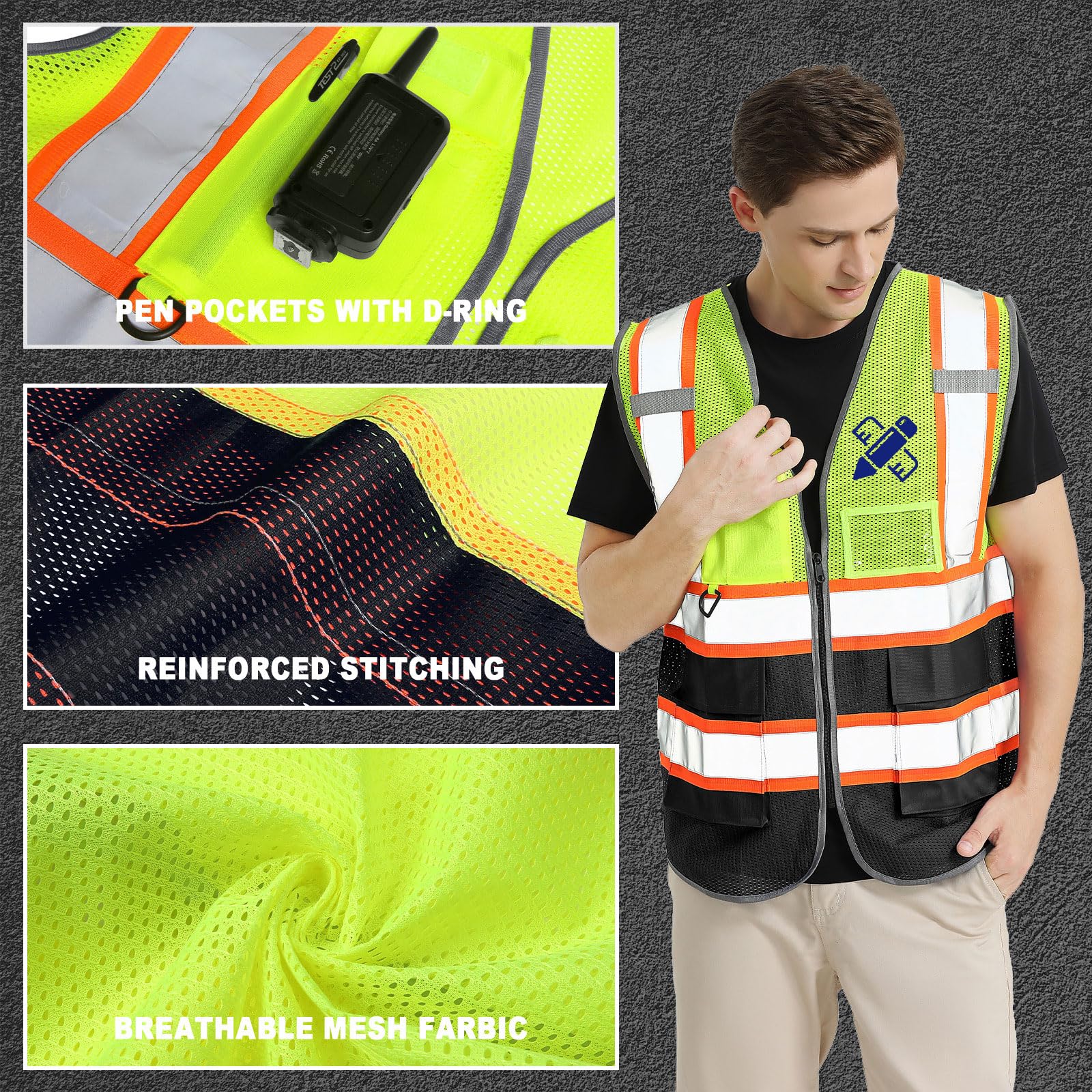 BeautyWill Custom Mesh Safety Vest Customized Logo Class2 High Visibility Reflective Vest with Pockets Construction workwear (Yellow Black,L )
