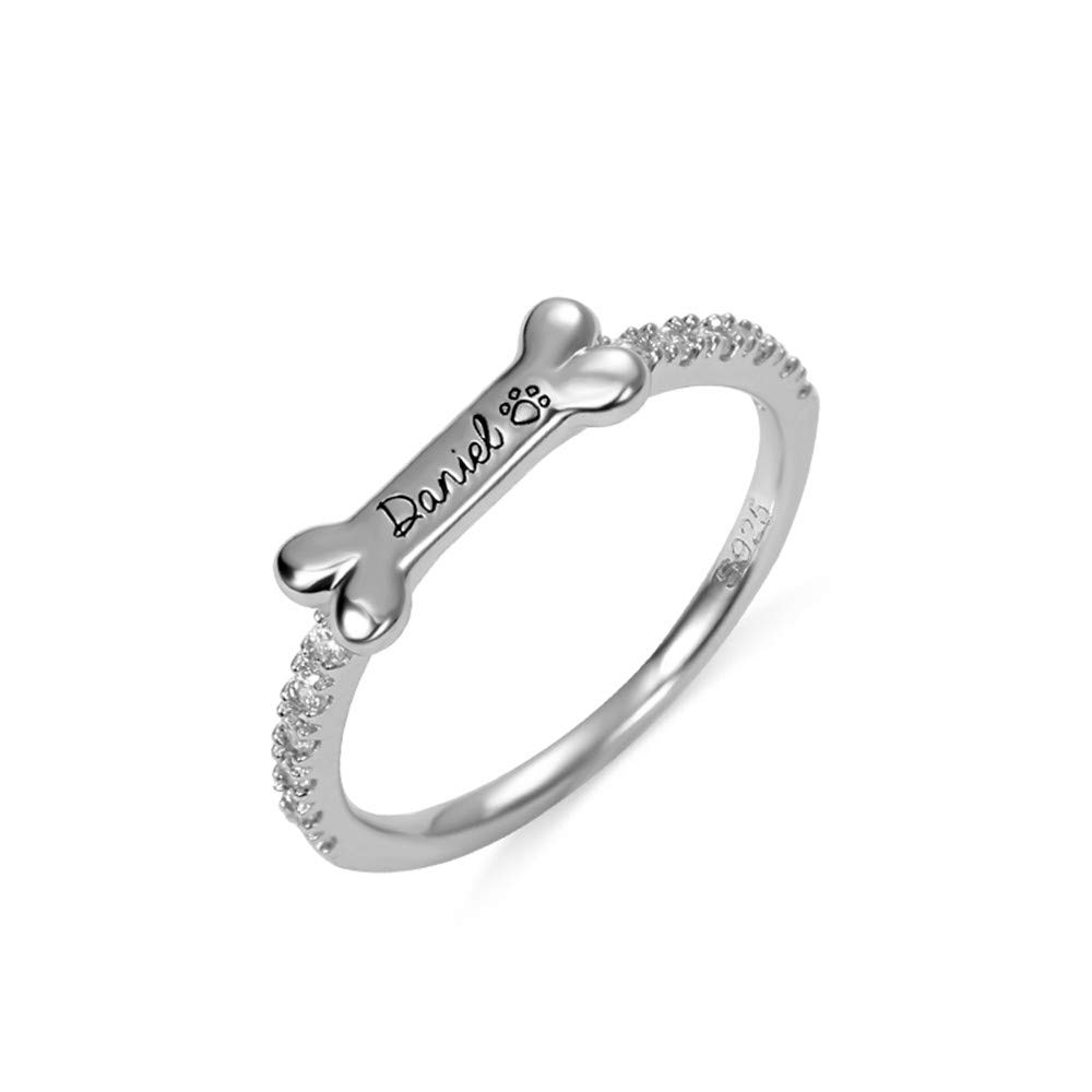 AILIN CZ Dainty Bone Shape Custom Dog Rings 925 Sterling Silver Puppy Paw Print Personalized Engraved Name Rings Pet Lovers Rememberance Memorial Jewelry Gifts For Women With Box