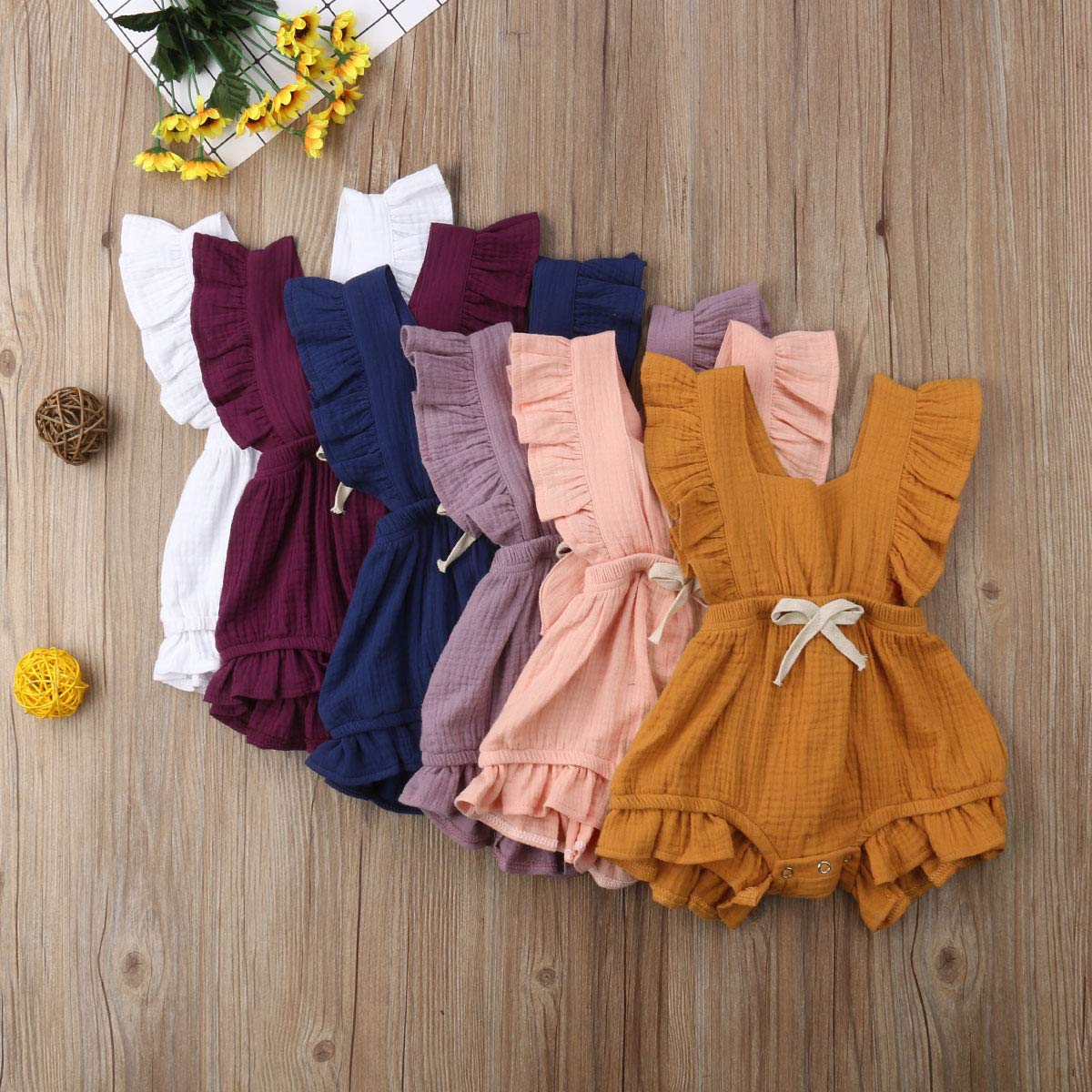 VISGOGO Toddler Baby Girl Ruffled Rompers Sleeveless Cotton Romper Bodysuit Jumpsuit Clothes (6-12 Months, Purple)