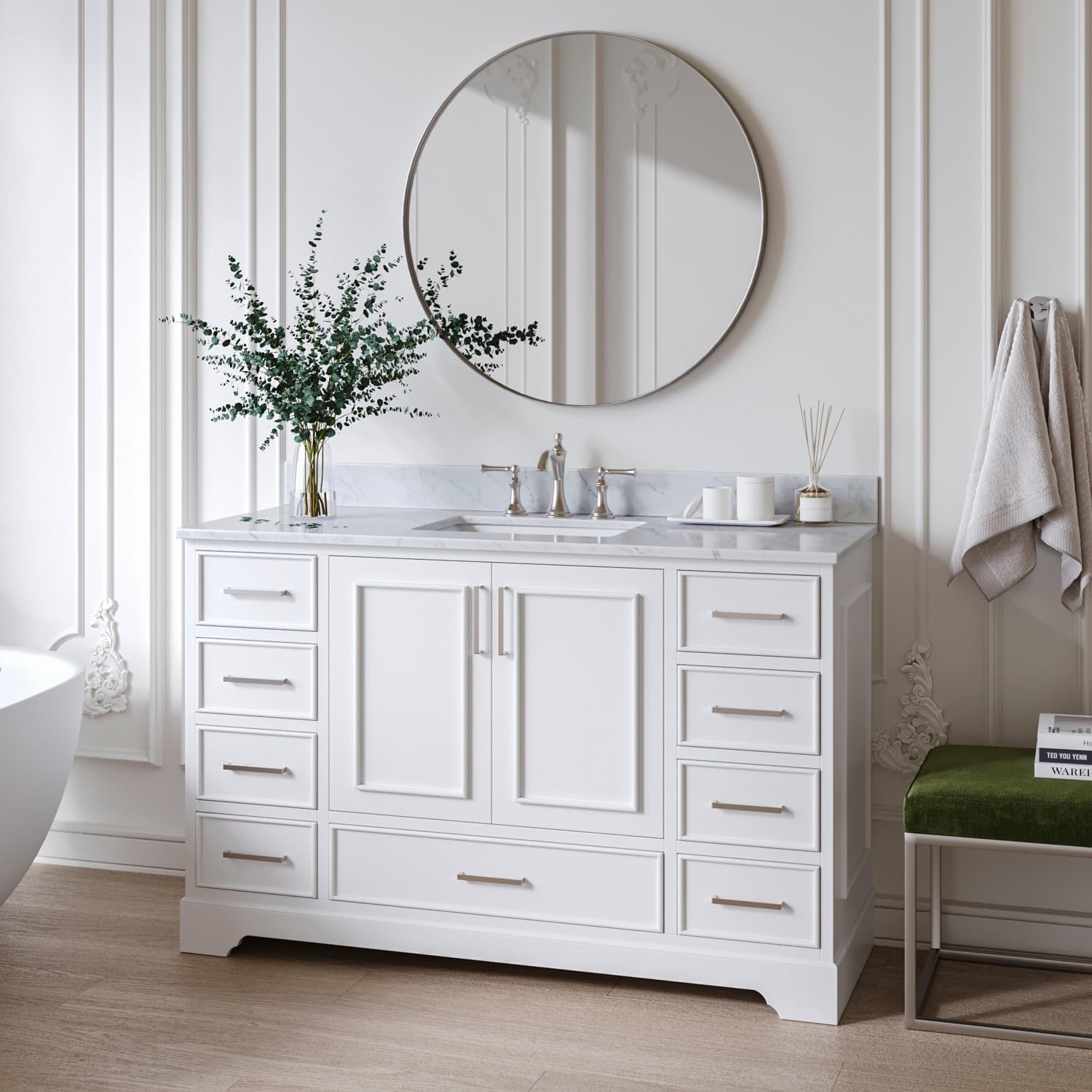 ARIEL Stafford 55 Inch Single Rectangle Sink Vanity with Carrara White Marble Countertop W/0.75" Edge in White