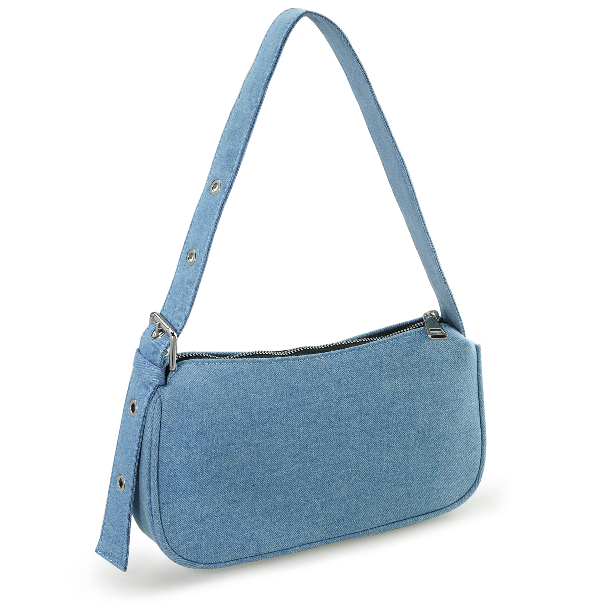 Denim 90s Shoulder Handbag Classic Women Purse with Grommets Adjustable Shoulder Strap Jeans Style Bag (Blue)