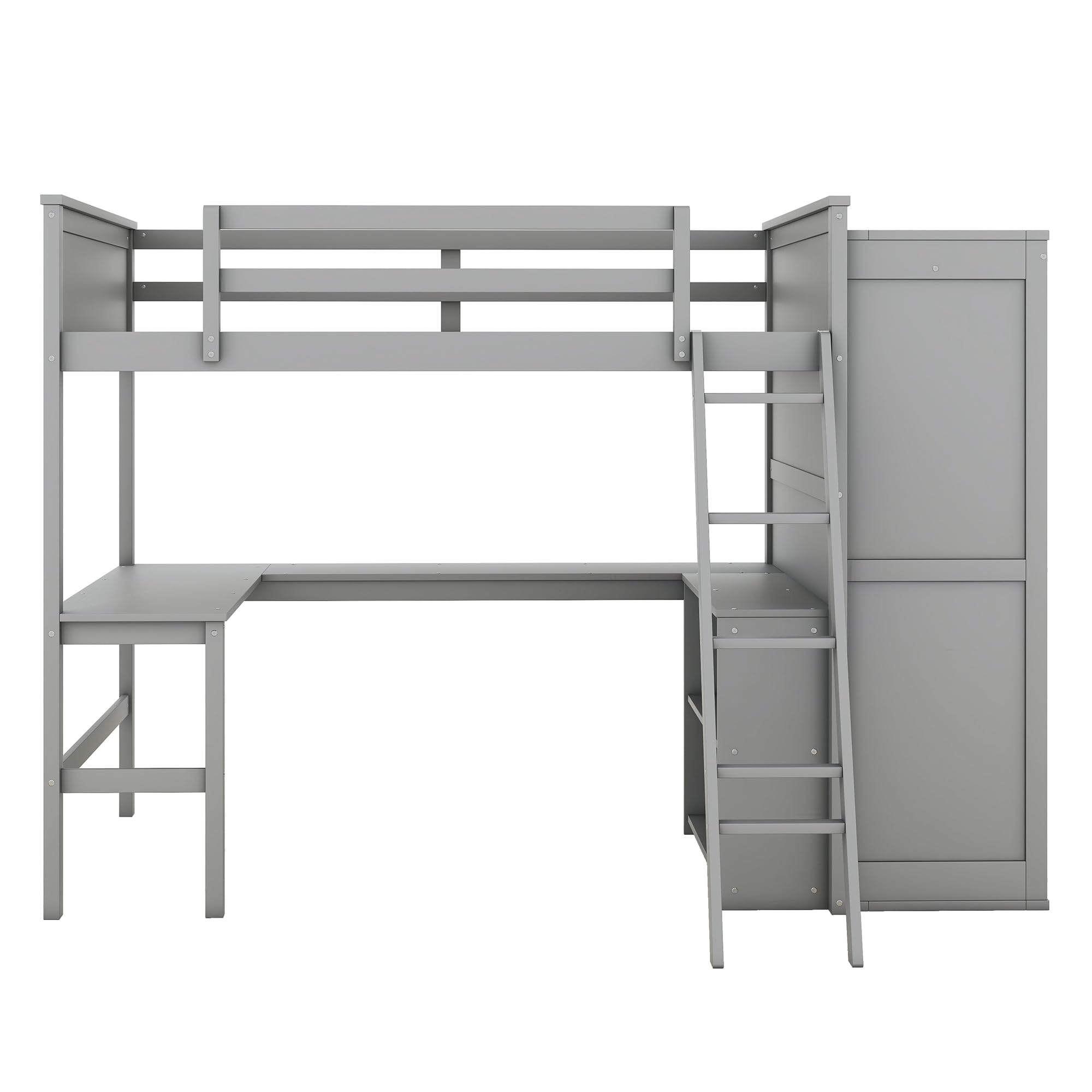 LostCat Full Size Loft Bed with Desk and Wardrobe, Wooden High Loft Beds Frame with Storage Shelves & Closet for Kids,Teens, Adults,No Box Spring Needed, Noise Free for Dorm Bedroom, Grey