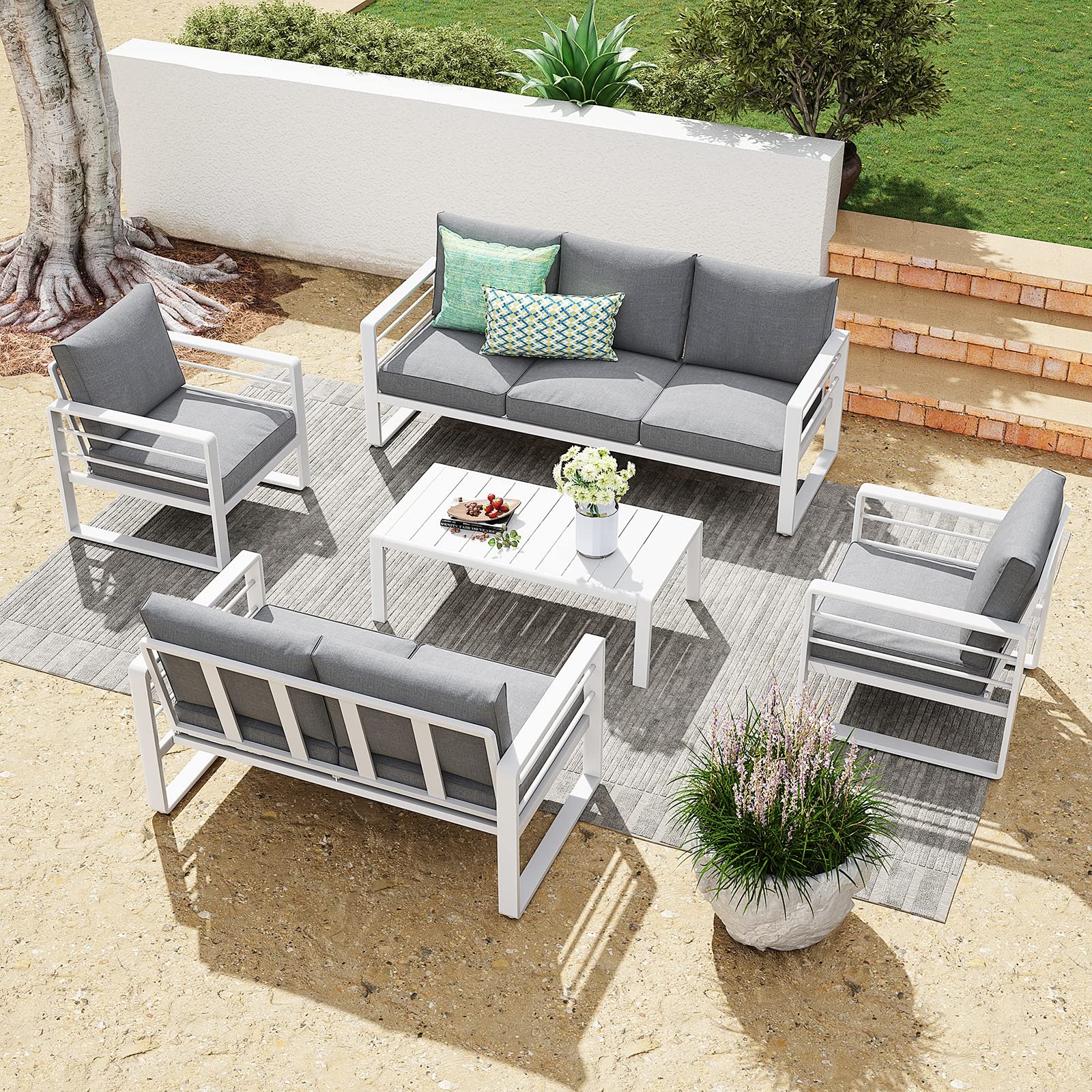 Patiorama Aluminum Patio Furniture Set, 5 PCS Modern Patio Conversation Set, All Weather White Outdoor Sectional Sofa Set w/Coffee Table, Patio Seating Set, Olefin Cushion, Garden-Grey Cushion
