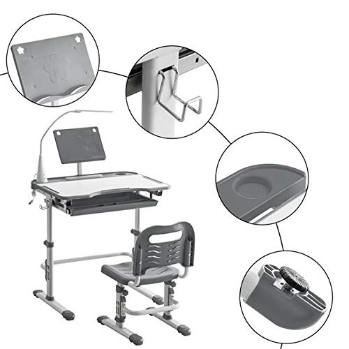 Kids Desk and Chair Set,Height Adjustable Ergonomic Children Sturdy Table with Drawer,Light,Metal Hook and Tilt Desktop for Boys Girls (Gray)