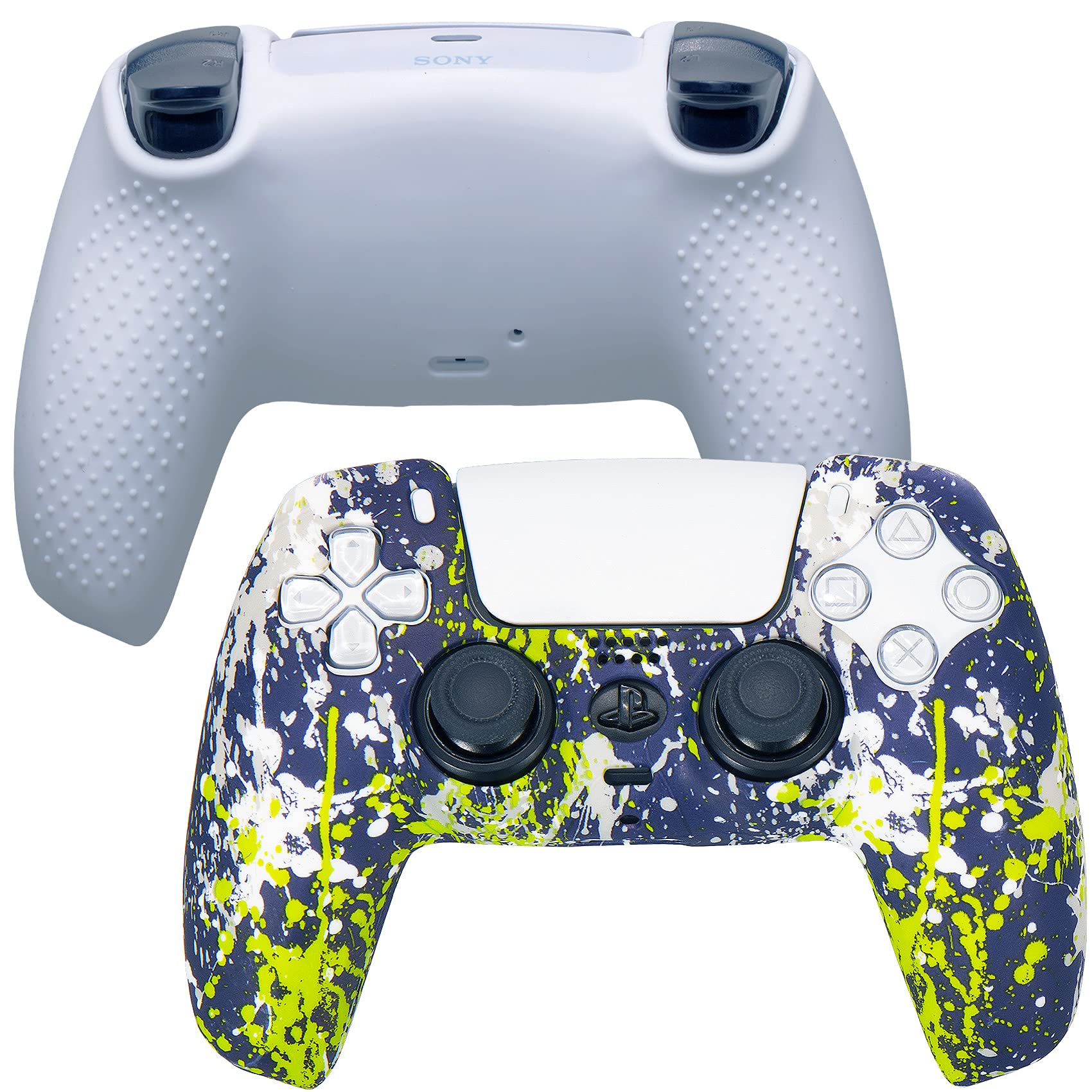 9CDeer 1 Piece of Silicone Transfer Print Protective Cover Skin + 10 Thumb Grips for PlayStation 5 / PS5 Controller Green Graffiti
