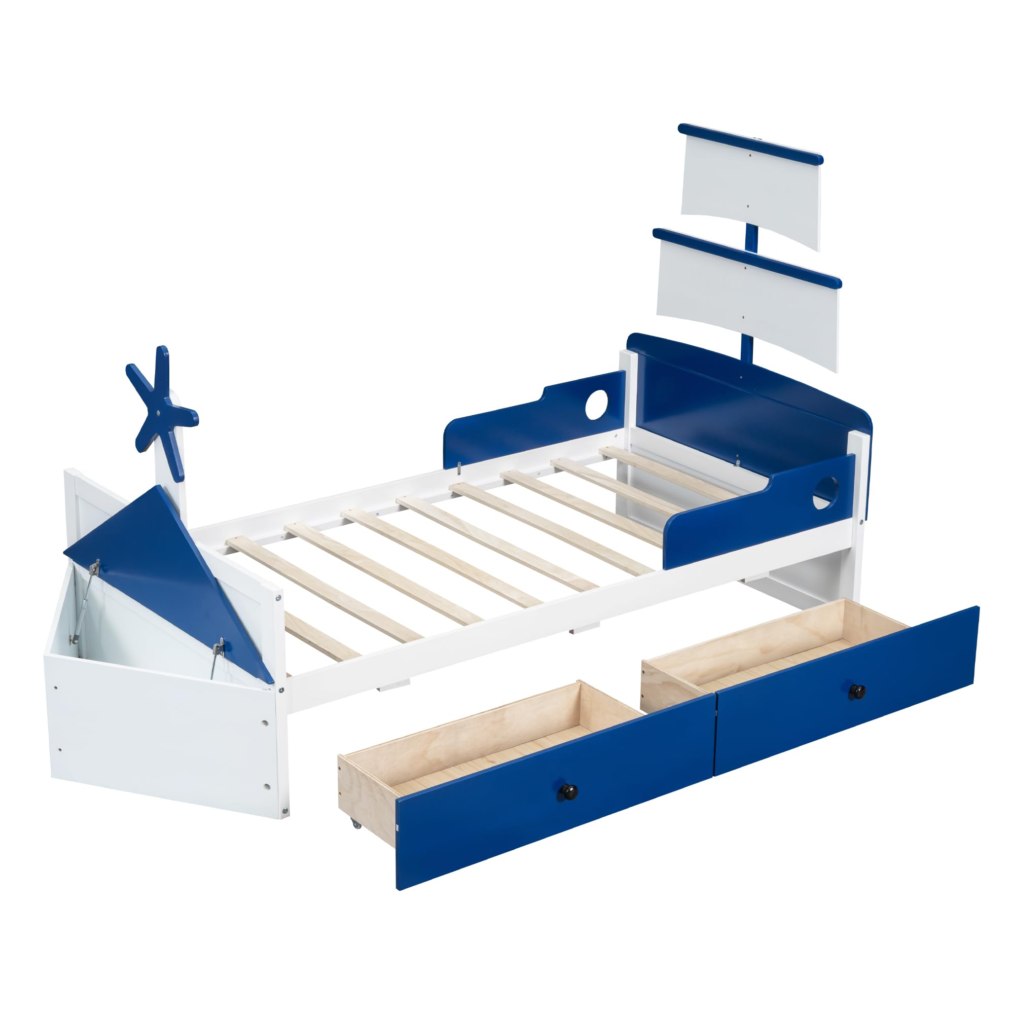 Merax, White+Blue Kids Sailboatboat-Shaped Frame with 2, Wood Platform Bed with Storage Ottoman,Easy Assemble, Twin w/Drawers