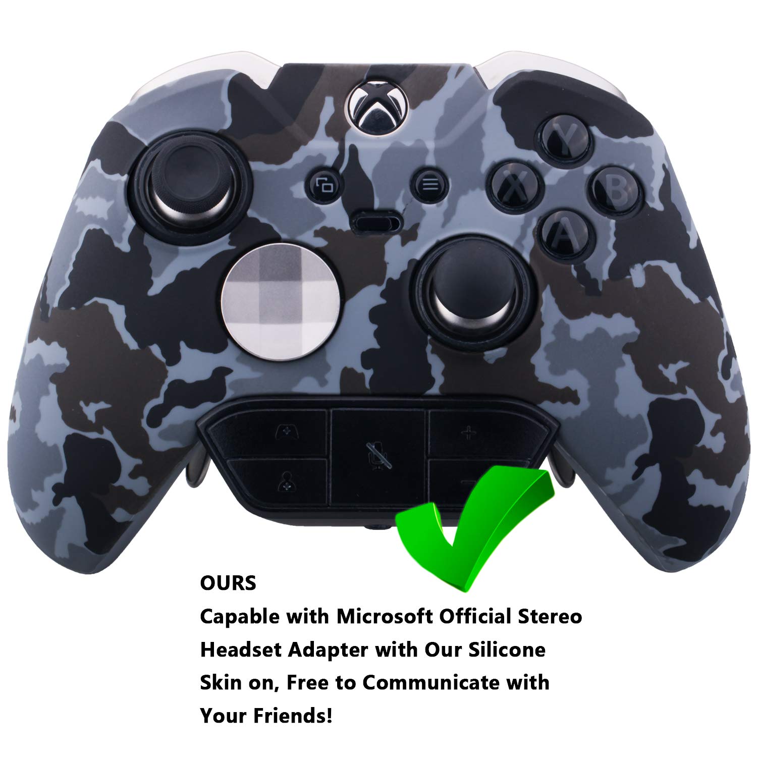 9CDeer 1 x Protective Customize Transfer Print Silicone Cover Skin Camougrey + 6 Thumb Grips Analog Caps for Xbox Elite Wireless Controller Compatible with Official Stereo Headset Adapter