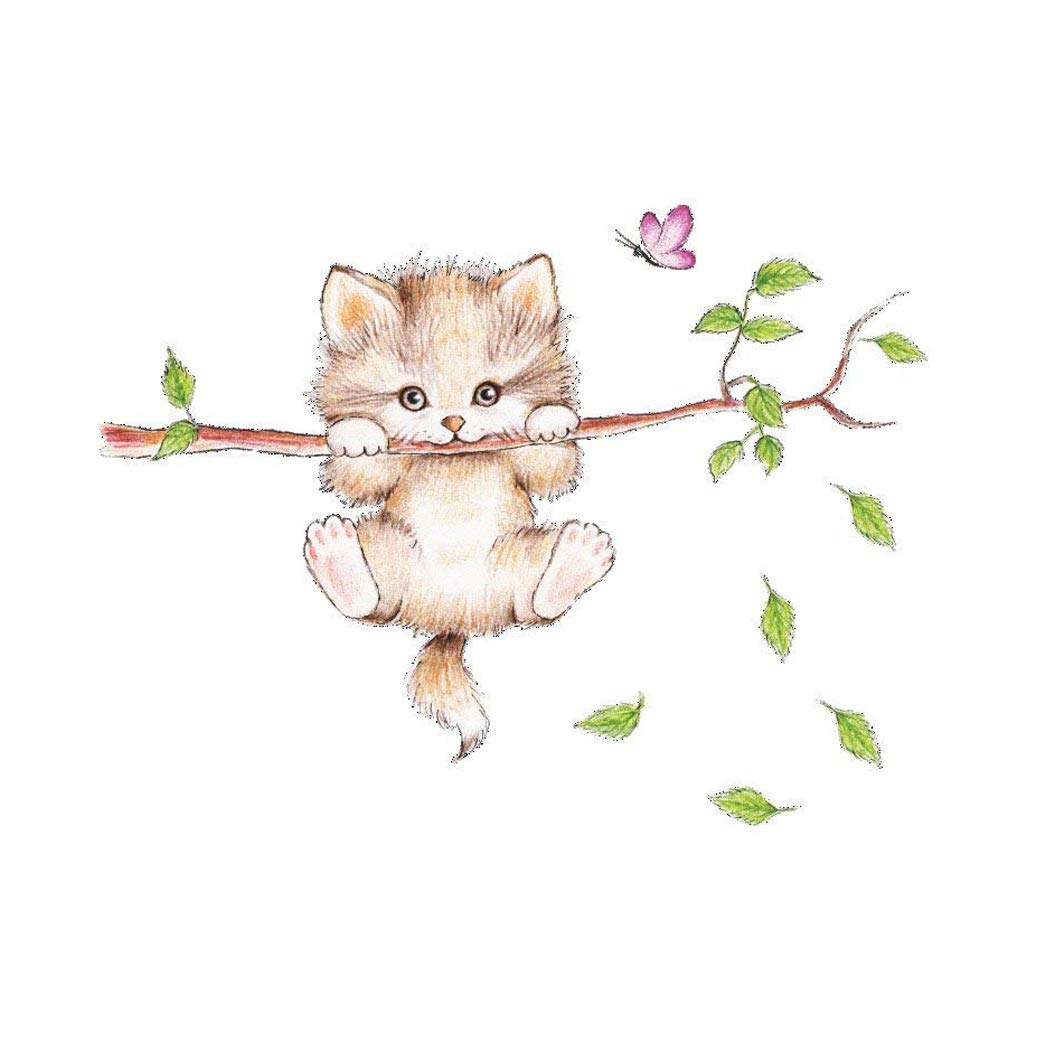 Woodland Arts Wland 28 inches x 22 inches Cartoon Cute Cat on The Tree Branches Wall Decals Wall Stickers Decor Girls Bedroom Decal Kids Nursery Sticker Bathroom Playroom