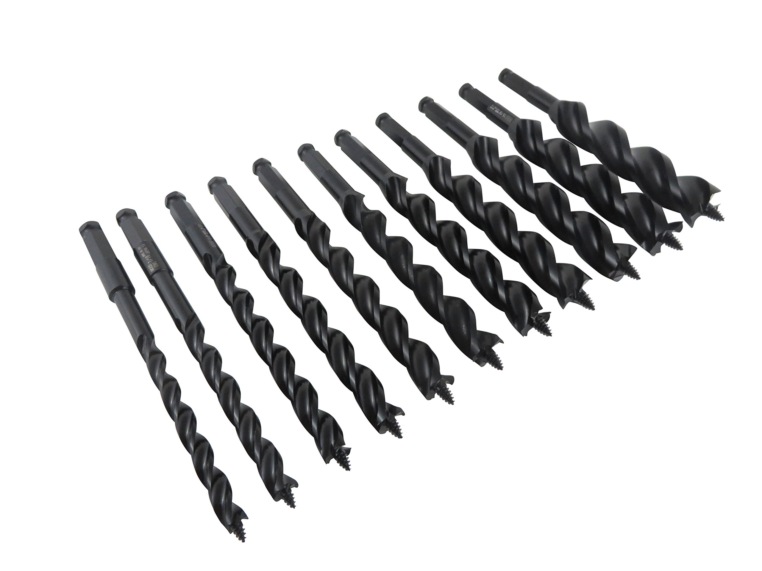 WoodOwl 11 Piece Set with Sizes 3/8" to 1" by 1/8ths x 7-1/2” Long Ultra Smooth Tri Cut Auger Hand Brace Boring Bit PTEE coated 09703 to 09713x1/8
