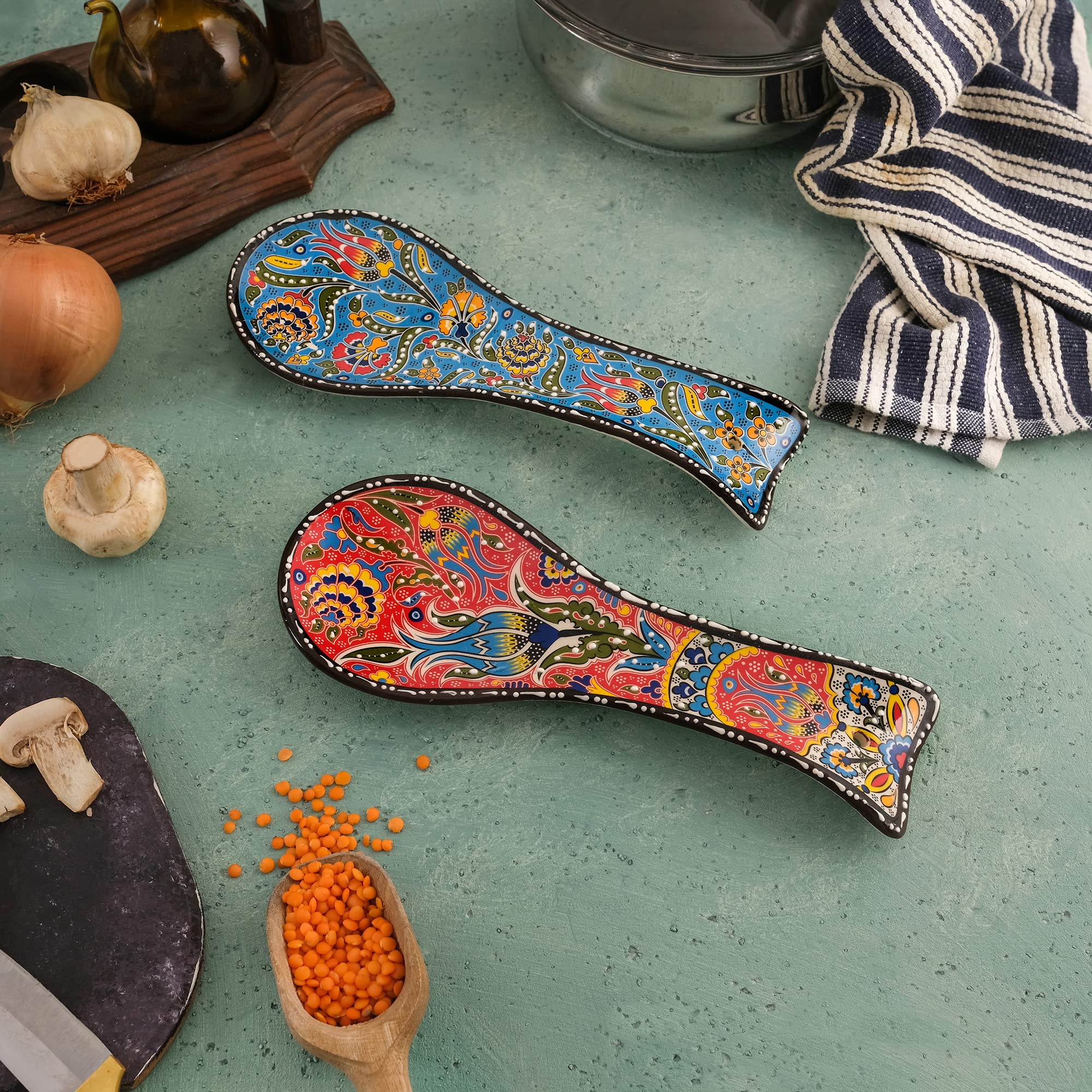 BCS Spoon Rest Set of 2 - Ceramic Spoon Holder for Stovetop & Kitchen Counter - Dishwasher Safe Handmade Kitchen Utensil (Blue-Red 3.5β W x 9" L)
