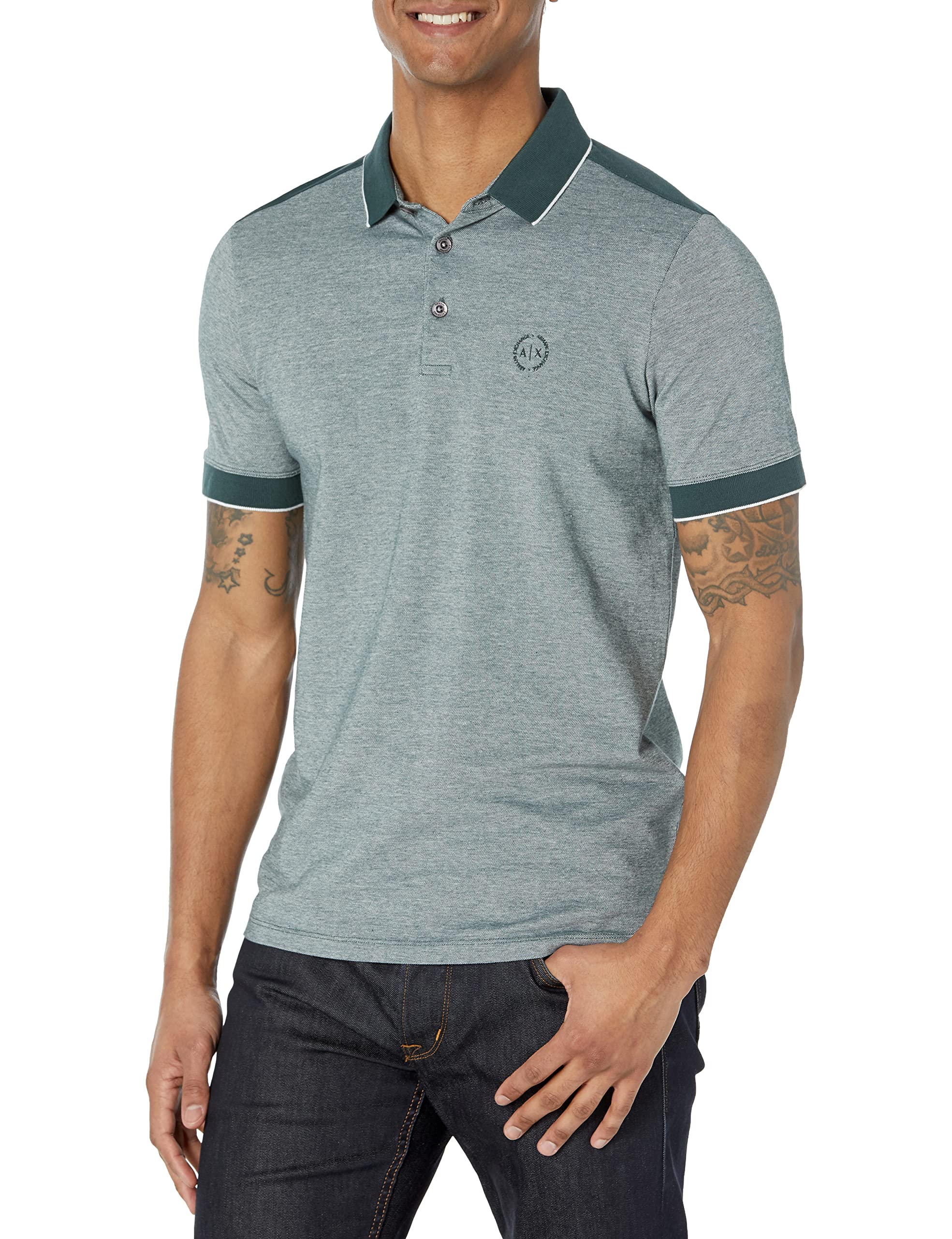 A | X ARMANI EXCHANGE Men's Heathered Pique Polo, Green Gables, Large