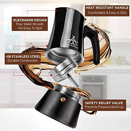 Alocs Stovetop Espresso Maker, Italian Coffee Maker Moka Pot for Classic Mocha & Cuban Coffee, Stainless Steel Greca Coffee Maker, Cafeteras, Brews 9 Espresso Cups (15.2 Oz) in Stylish Black