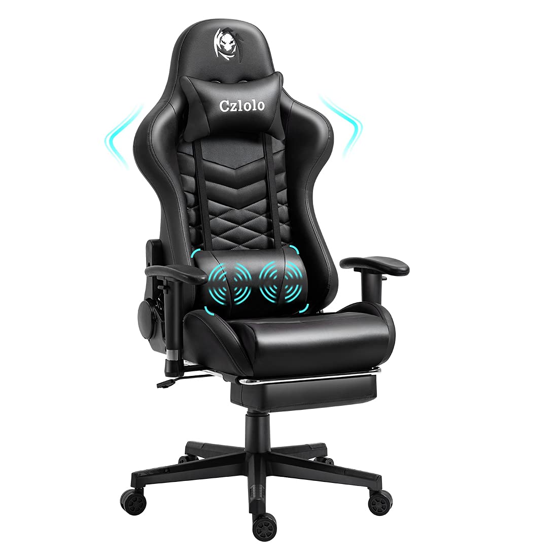 Czlolo Gaming Chair with Footrest and Massage, PU Leather Video Game Chair Racing Style Gaming Computer Chair, High Back Adjustable Recliner Gamer Chair for Adults, Black