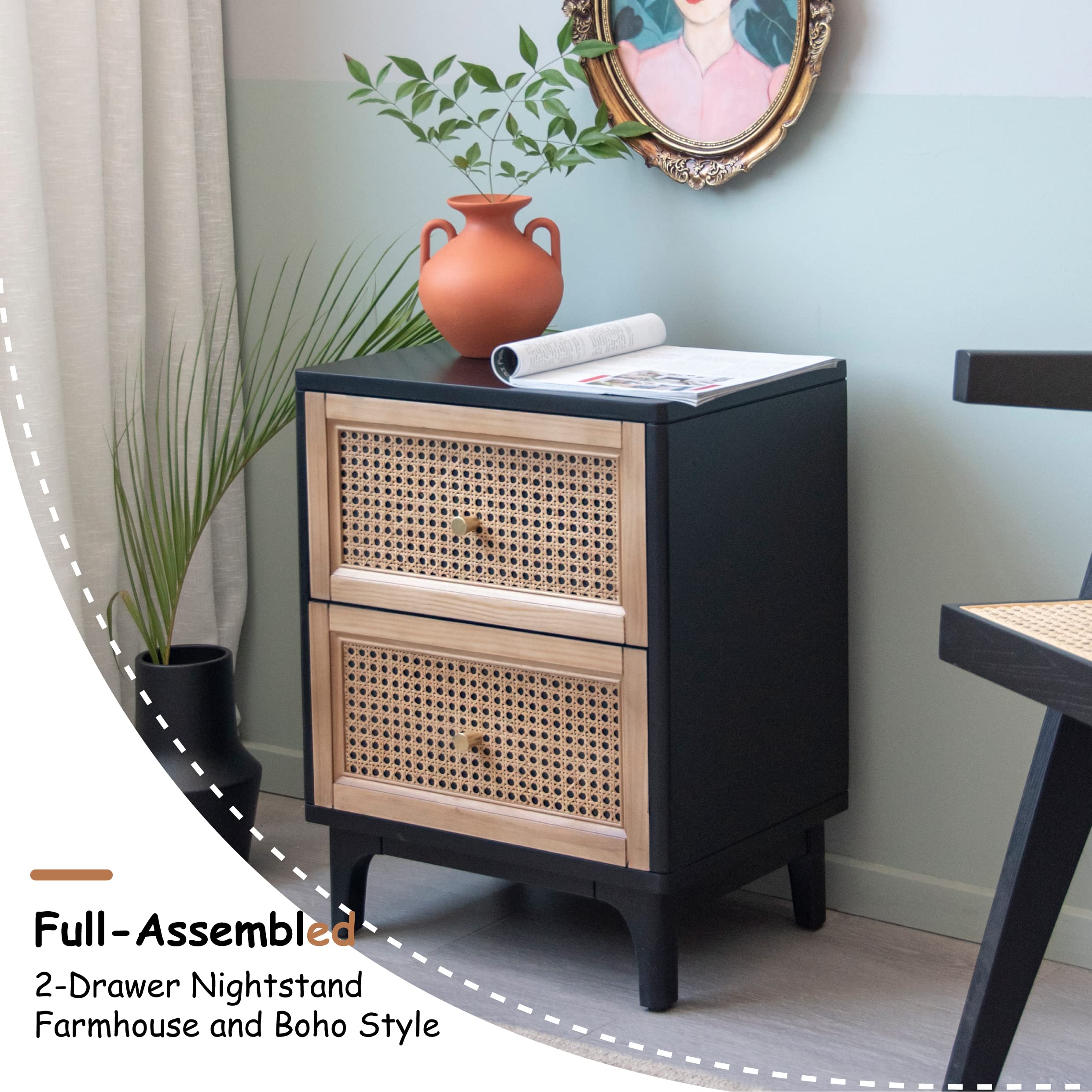 COZAYH Set of 2 Fully-Assembled 2-Drawer Woven Cane Front Accent Nightstand with Brass Knobs, Black