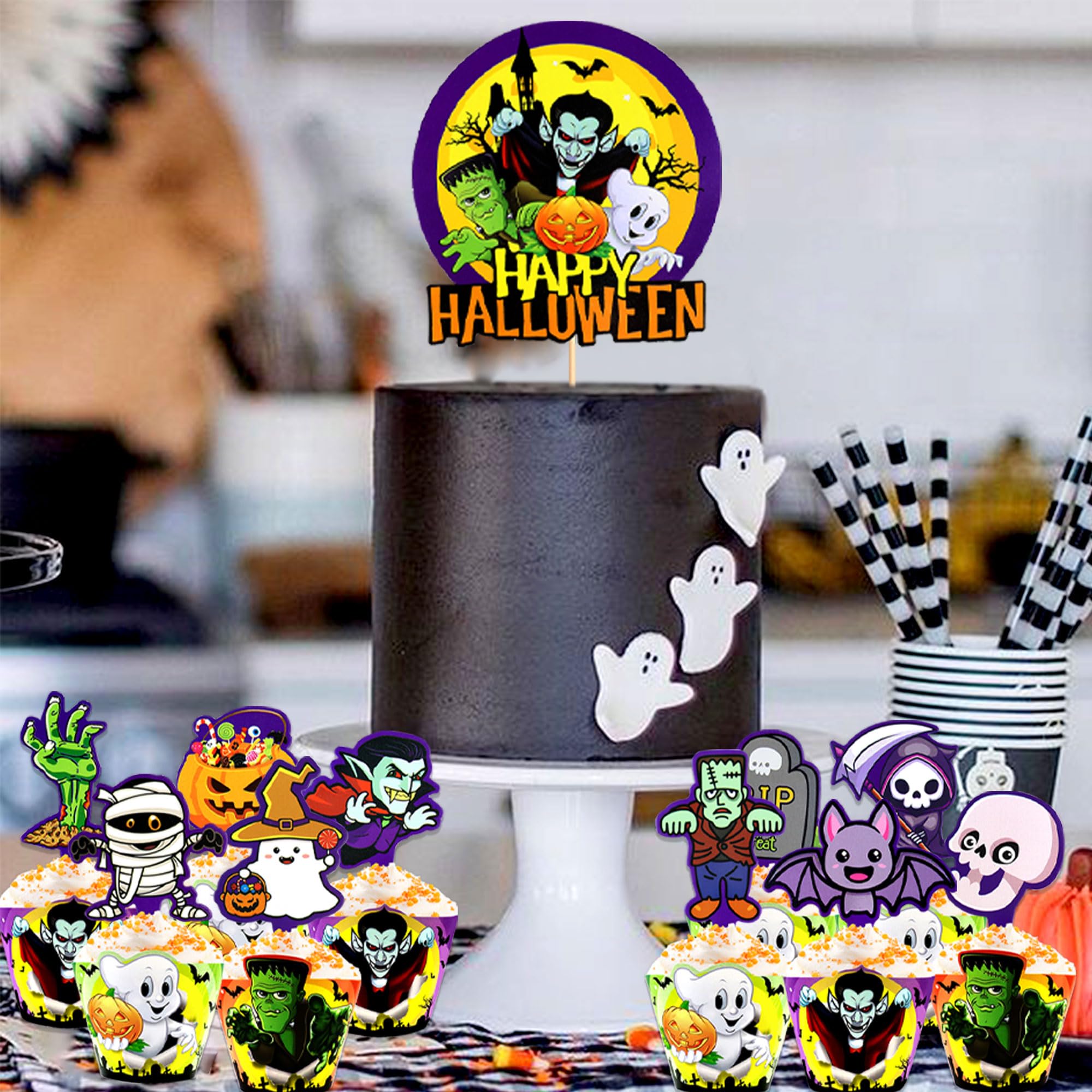 80 Pcs Halloween Cupcake Toppers Cupcake Liners Pumpkin 40 Pcs Cupcake Wrapper and 40 Pcs Cupcake Toppers muffin Case Trays for Halloween, Birthday, Decoration Party Supply (bite me)