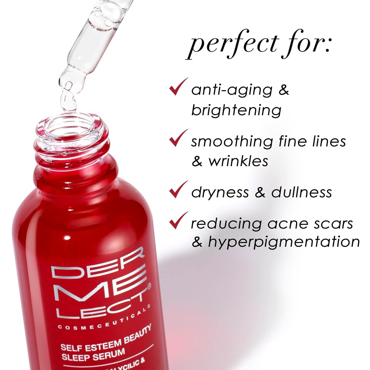 Dermelect Cosmeceuticals Self-Esteem Beauty Sleep Serum for Face - Glycolic Acid, Salicylic Acid, L-Ascorbic Acid, Resurfacing Serum for Acne Spots, Pores, Wrinkles, 1 oz