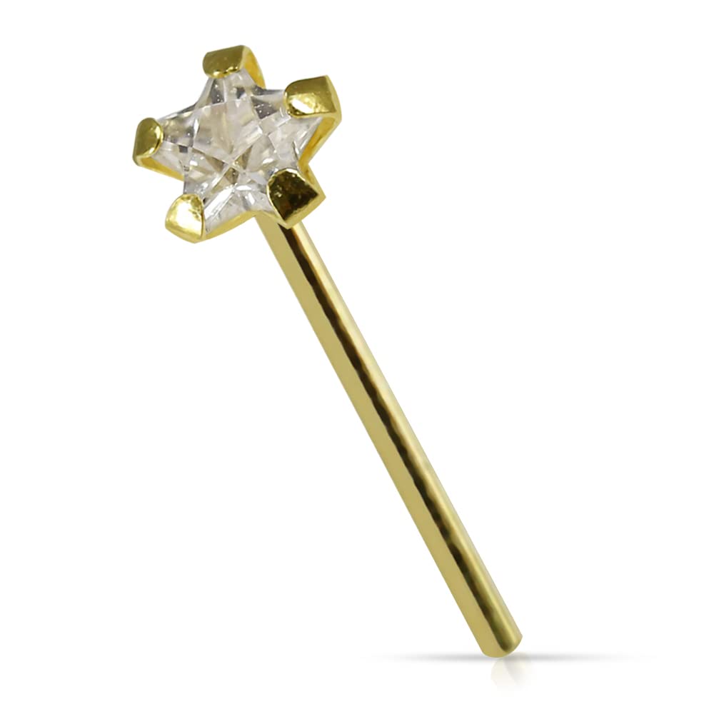 9K Solid Yellow Gold 3MM Star CZ Stone 22 Gauge Straight End Nose Stud Piercing Jewelry
