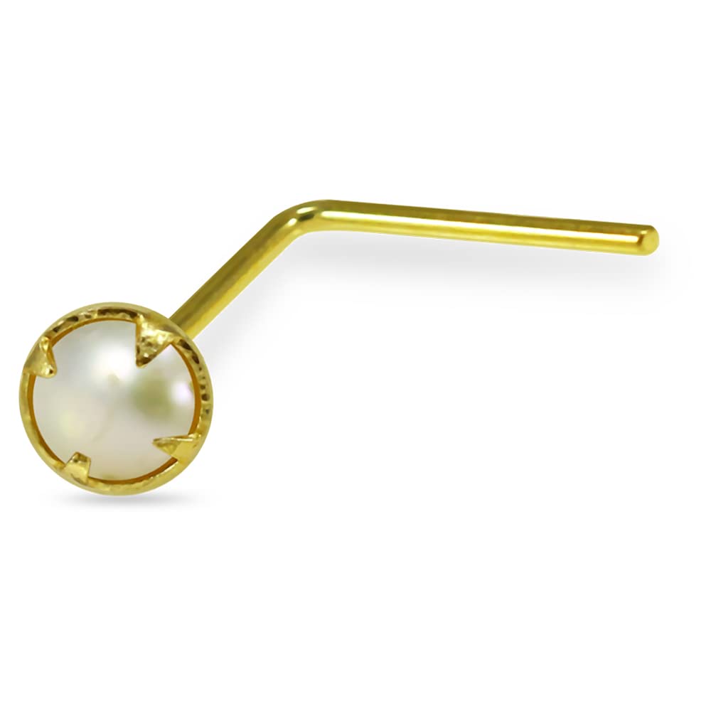 9K Solid Yellow Gold Claw Set 2MM Natural Pearl 22 Gauge L Bend Nose Stud Piercing Jewelry