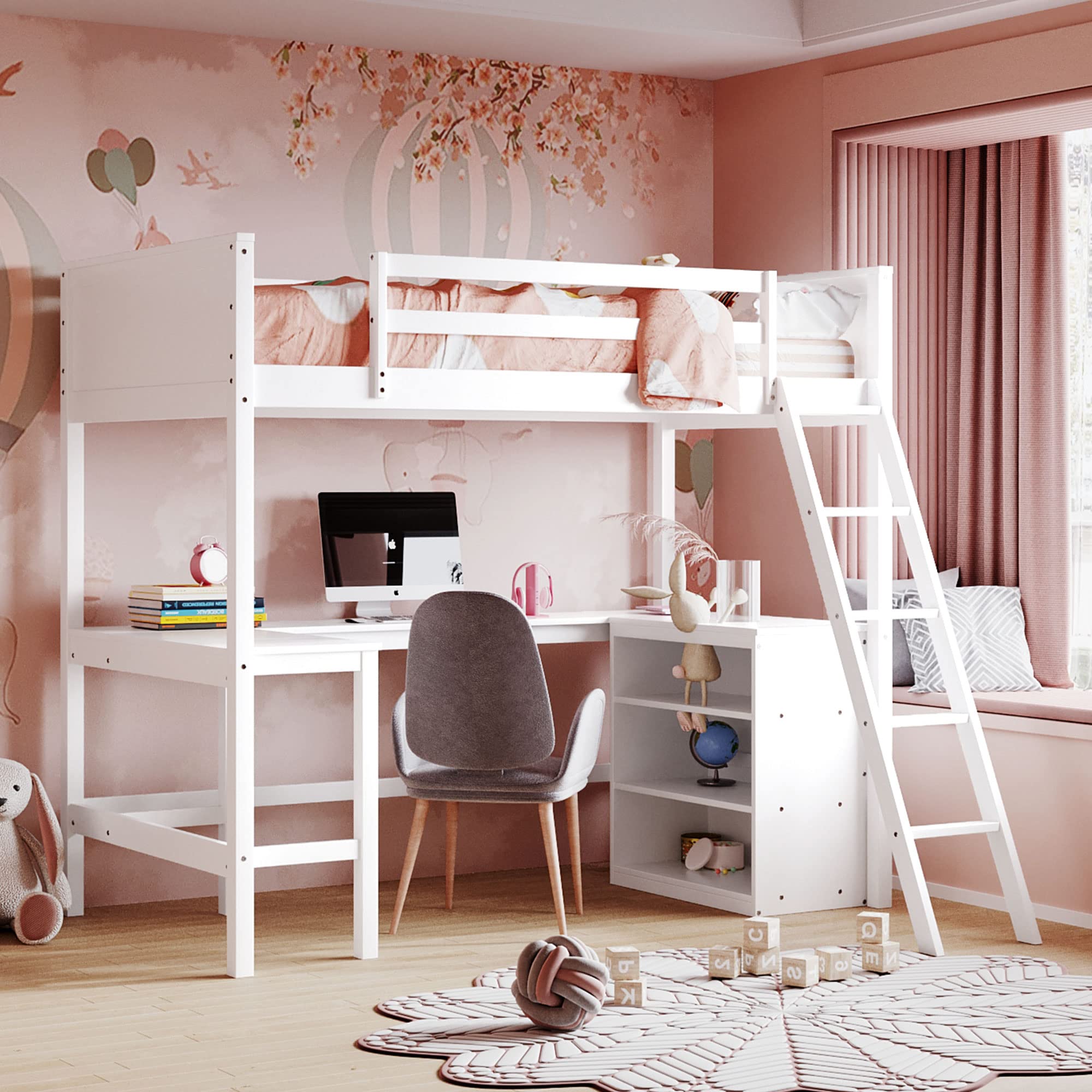 Harper & Bright Designs Twin Loft Bed with Desk and 3 Shelves, Solid Wood Twin Size Loft Bed Frame with Angled Ladder for Kids Teens Boys Girls, No Box Spring Needed (White)