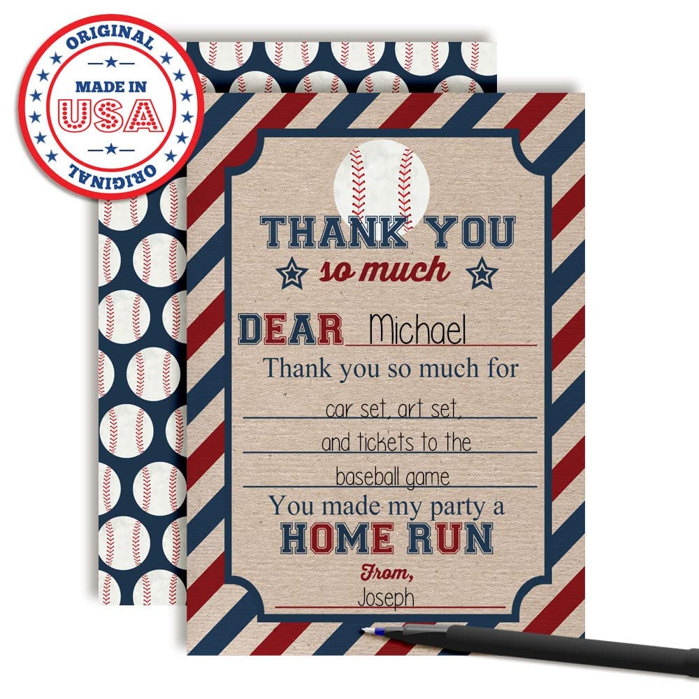 Rookie of the Year Baseball Birthday Thank You Notes, Ten 4" x 5.5" Fill In The Blank Cards with 10 White Envelopes by AmandaCreation