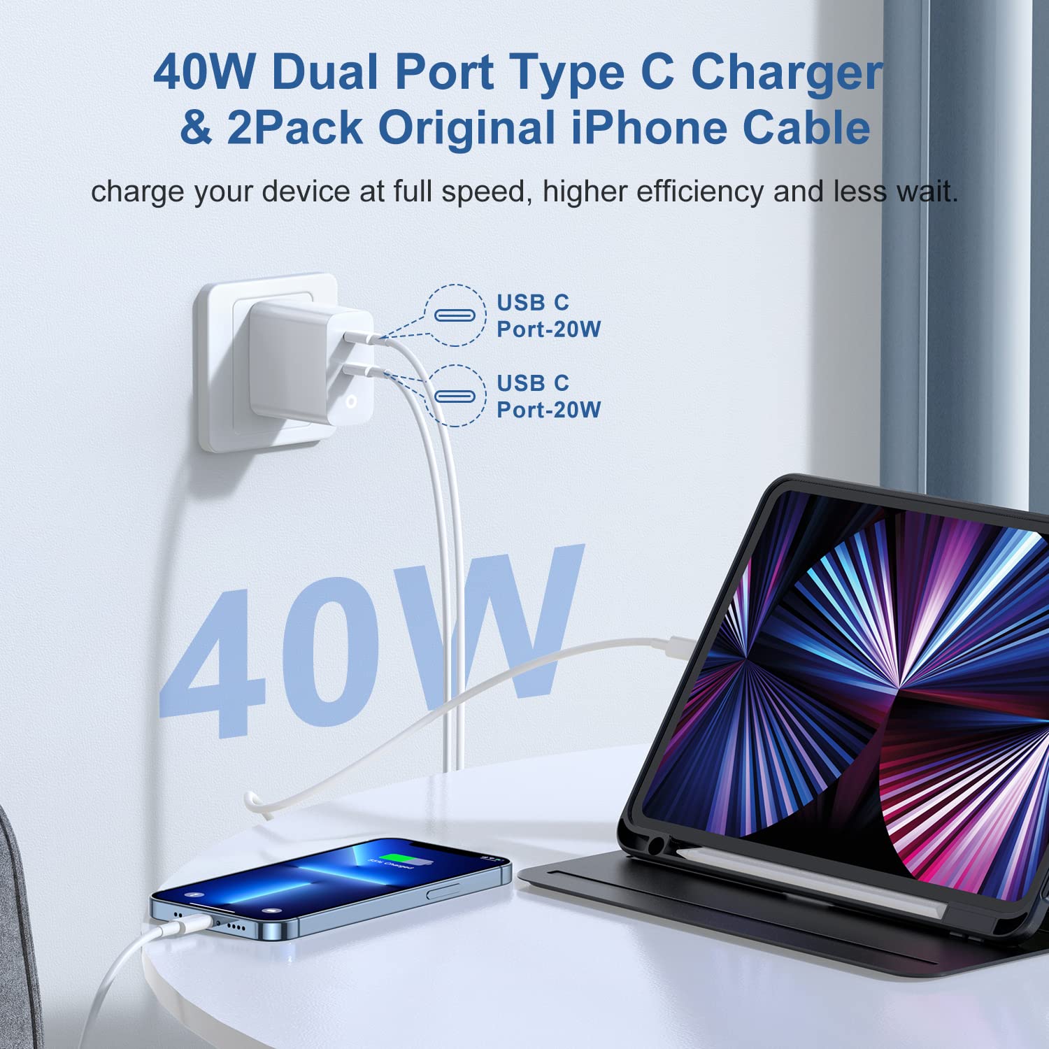 40W Fast Charger for iPhone 16 15 Pro Max Charger Fast Charging,2Pack Dual Port USB C Charging Block with 4Pack 3.3FT USB C to USB-C Charger Cord for iPhone 16 15 Plus/16 15 Pro Max/iPad Pro/Samsung