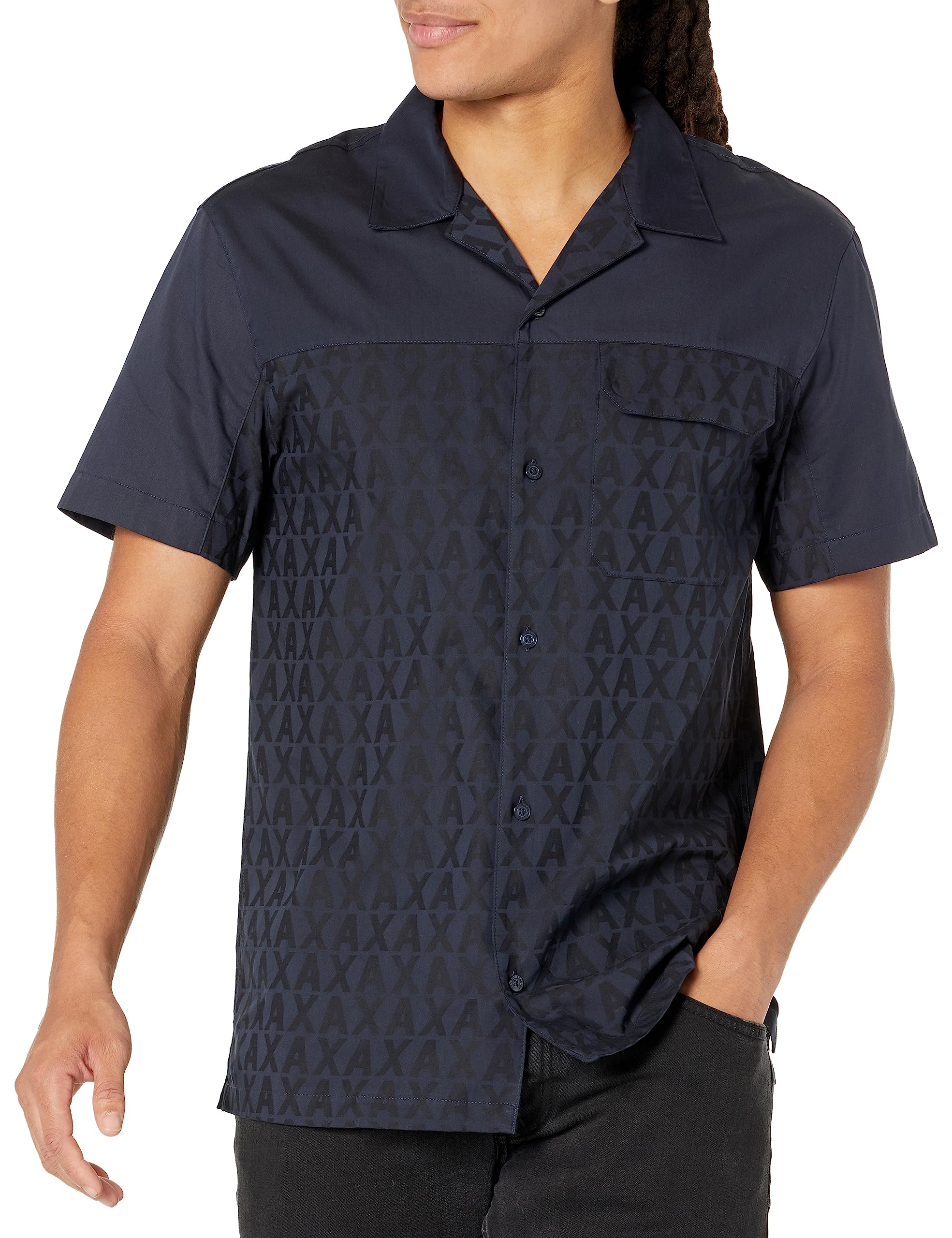 A | X ARMANI EXCHANGE Men's Cotton Jacquard SS Shirt. Regular FIT. AX All Over Tonal Effect. Large Cargo Pocket, Dark Navy/Off White Word