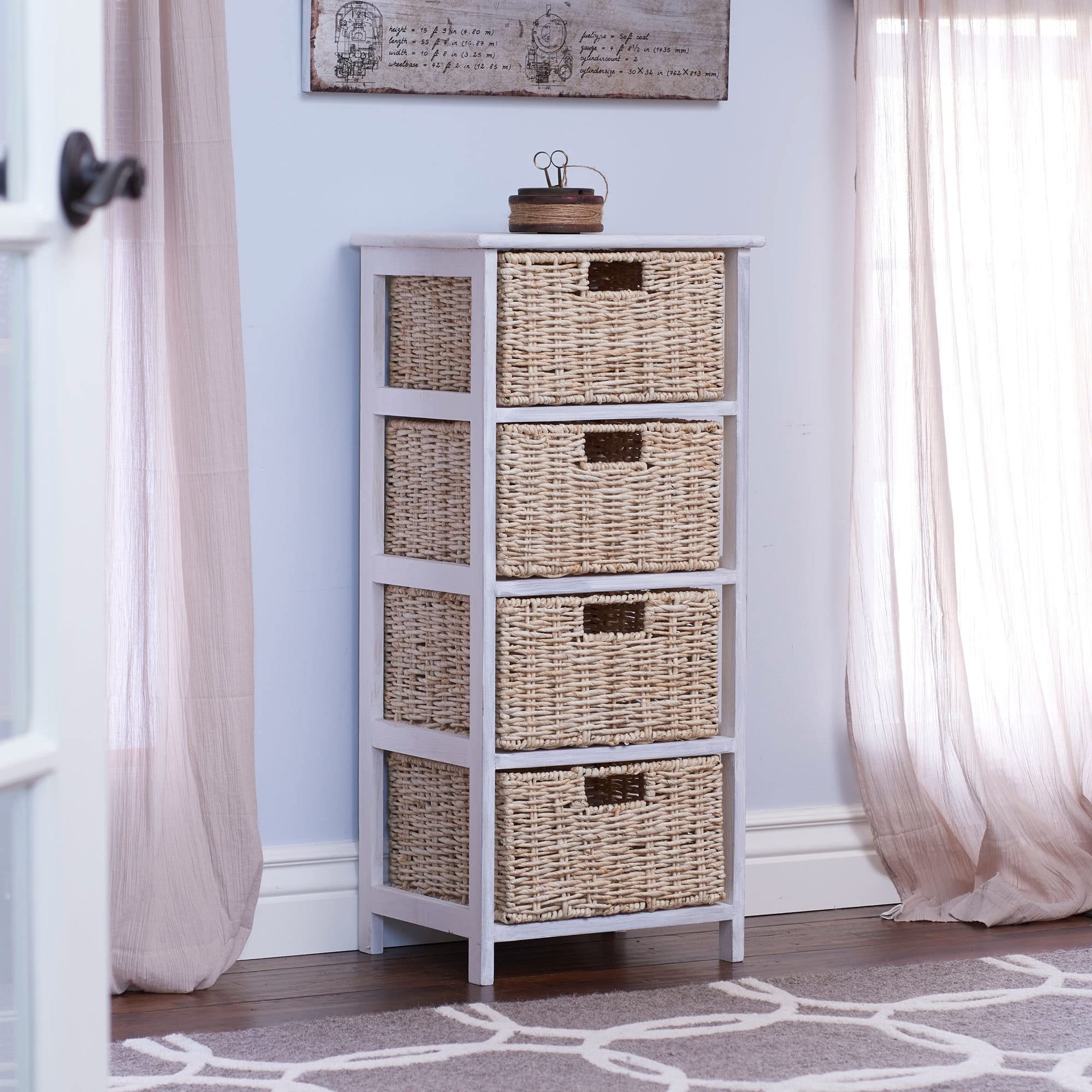 Unknown1 Whitewash 4-Basket Storage Tower Brown Beach Wicker-Rattan Painted