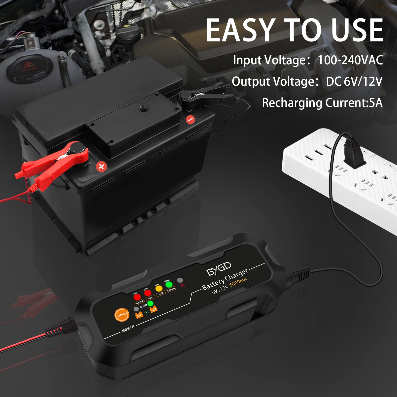 5-Amp Fully-Automatic Smart Battery Charger, 6V and 12V Portable Trickle Charger, Battery Maintainer, Lithium Battery Charger with Temperature Compensation for Car/Motorcycle/Lawn Mower/Boat