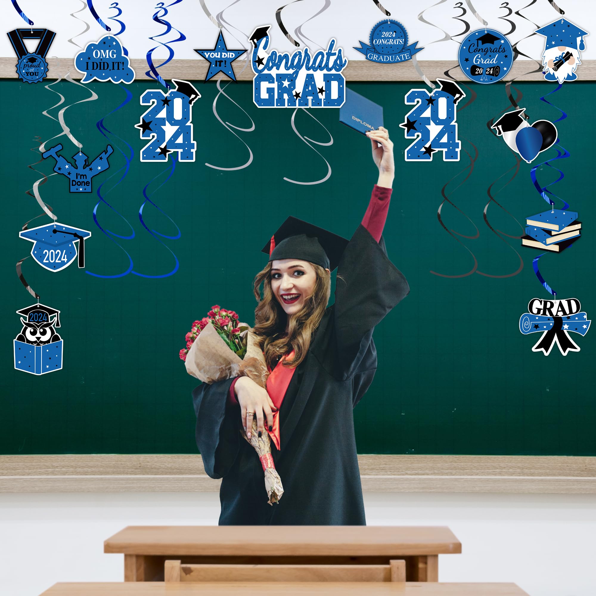 Tifeson Graduation Decorations 2024 Blue - 36 PCS Graduation Party Supplies, Congrats Grad Hanging Swirls Decorations, High School College Graduation Party Decorations Class of 2024 Decor