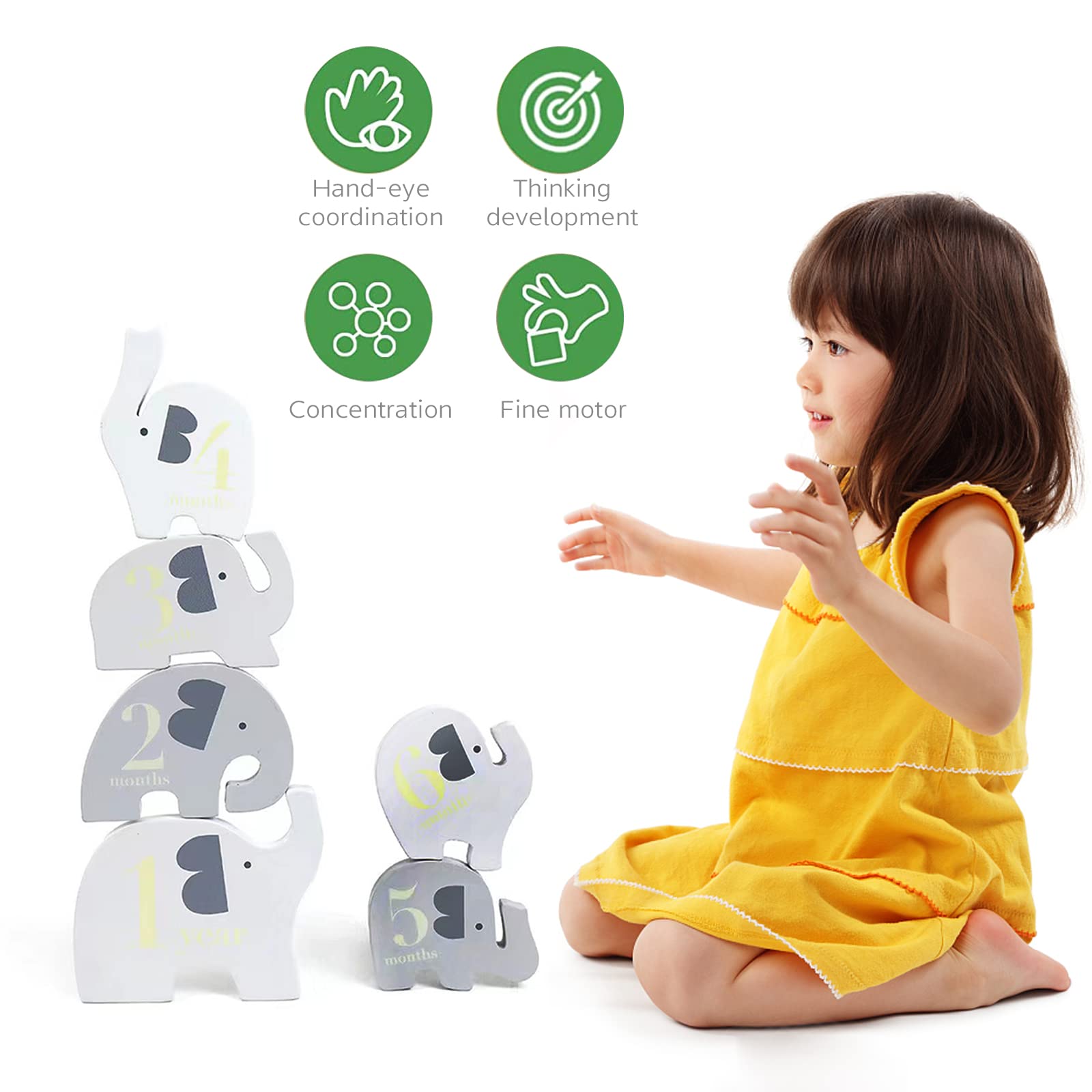 HanMiaMia Wooden Elephant Toys 12 PCS Stacking Toddler Toy Montessori Balance Activities Game for Baby