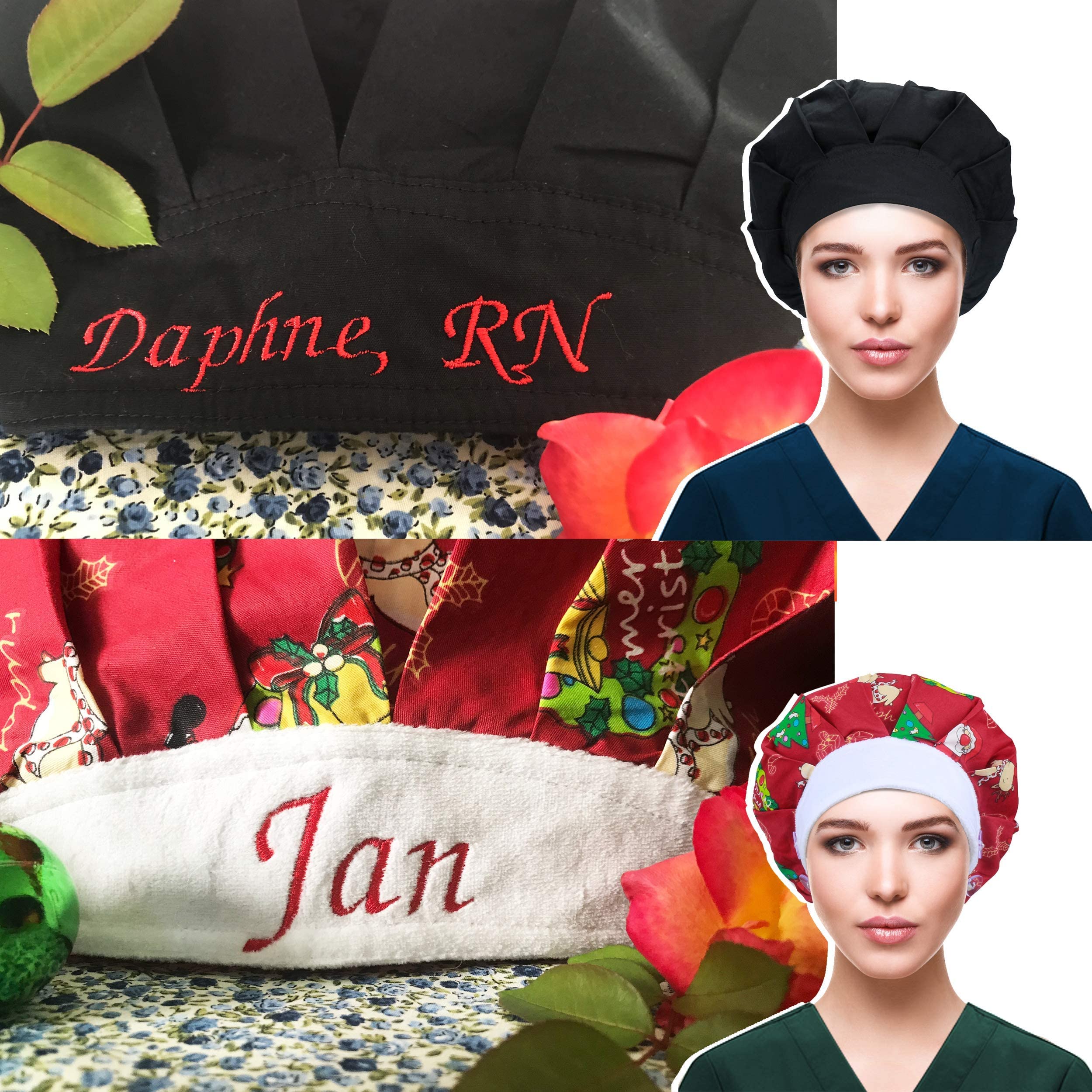ABAMERICA 2 Pack Bouffant Caps with Button and Sweatband, Adjustable Scrub Caps for Women Men, One Size Fits All