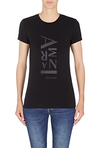A | X ARMANI EXCHANGE Women's Crew Neck Slim FIT Tonal Glitter Logo Tshirt, Black, Large